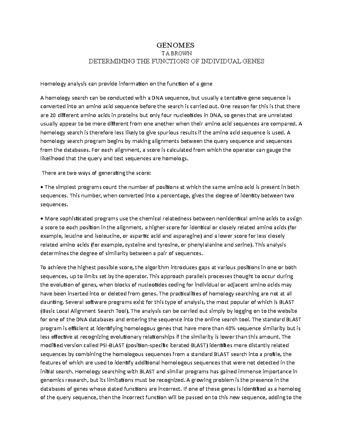 Adv gen Notes - Genomes by TA Brown - GENOMES T A BROWN DETERMINING THE ...