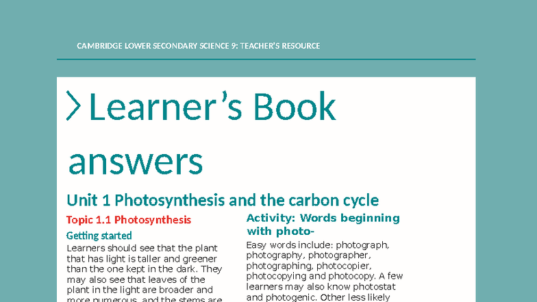 CAMBRIDGE LOWER SECONDARY SCIENCE 9: UNIT 1 PHOTOSYNTHESIS & CARBON ...