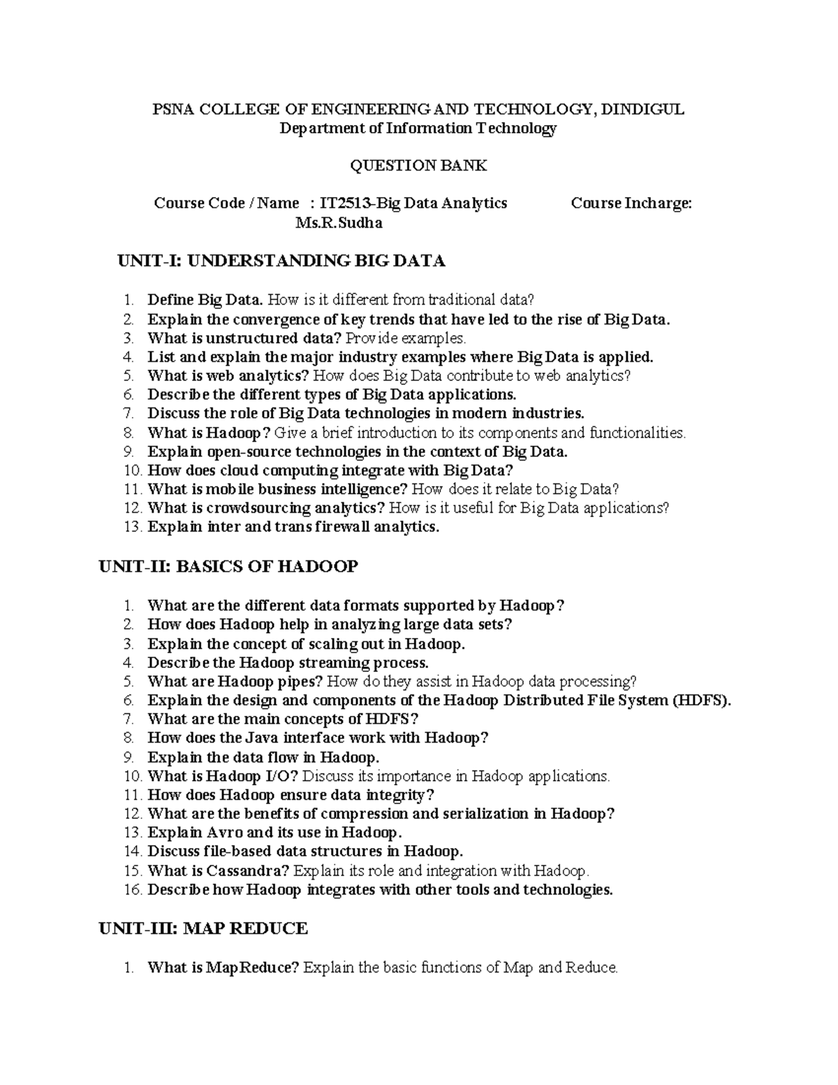 Data Analytics Question Bank (Course Code: DA) - Understanding Big Data - Studocu