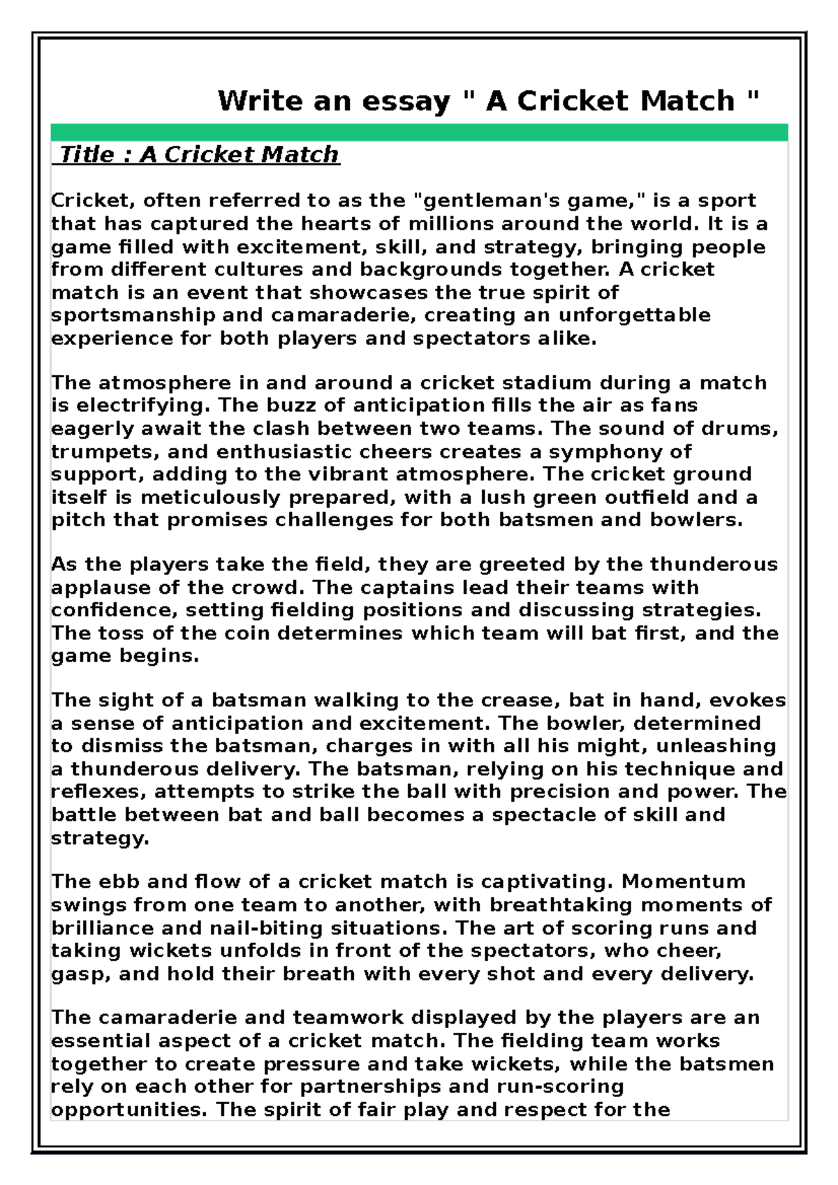 Essay on A Cricket Match: The Spirit of Sportsmanship and Unity - Studocu