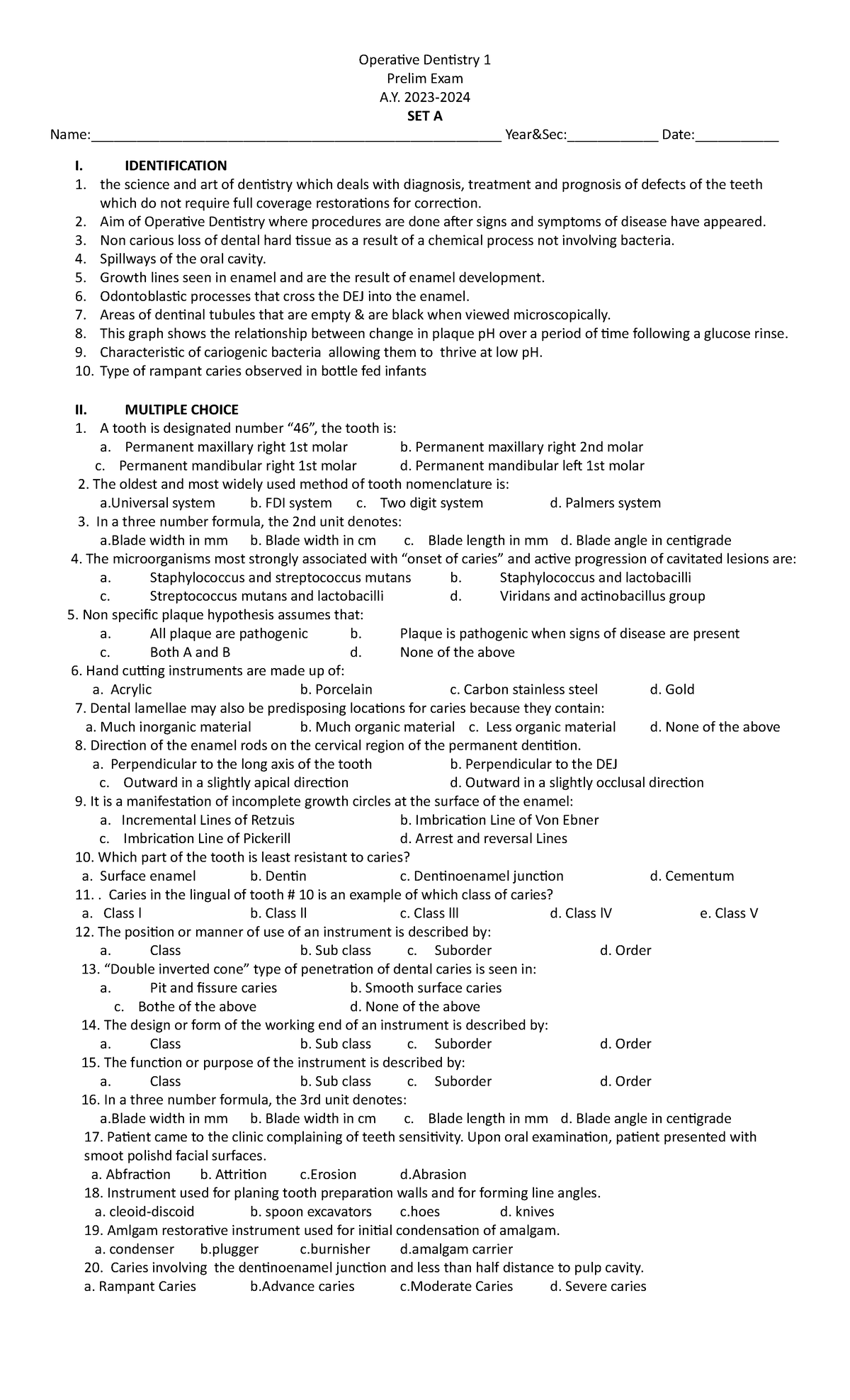 Operative Dentistry 1 Prelim Exam Review - 2023-2024 Set A - Studocu