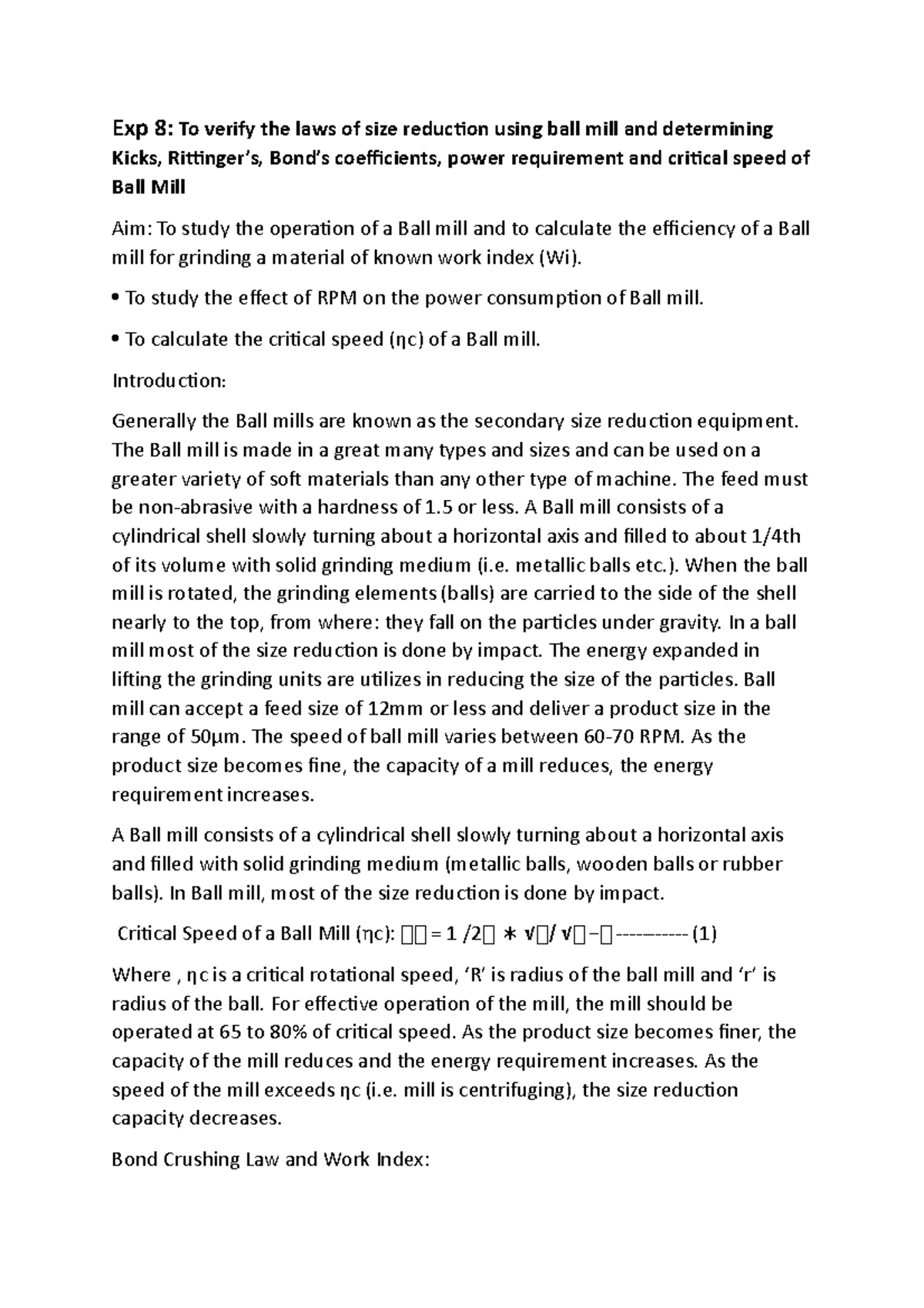 Exp 8: Ball Mill Experiment on Critical Speed and Power Calculation ...