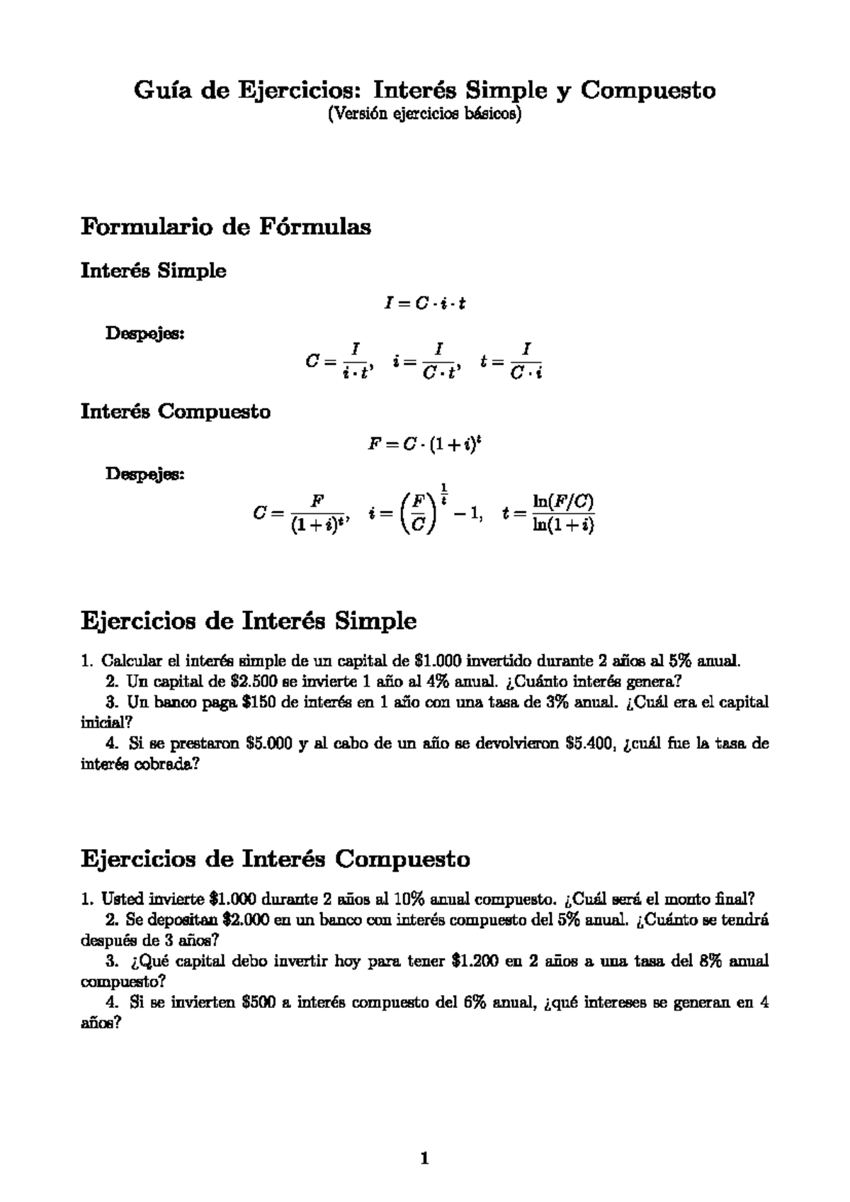 Guía de Ejercicios: Interés Simple y Compuesto - Fórmulas y Problemas ...