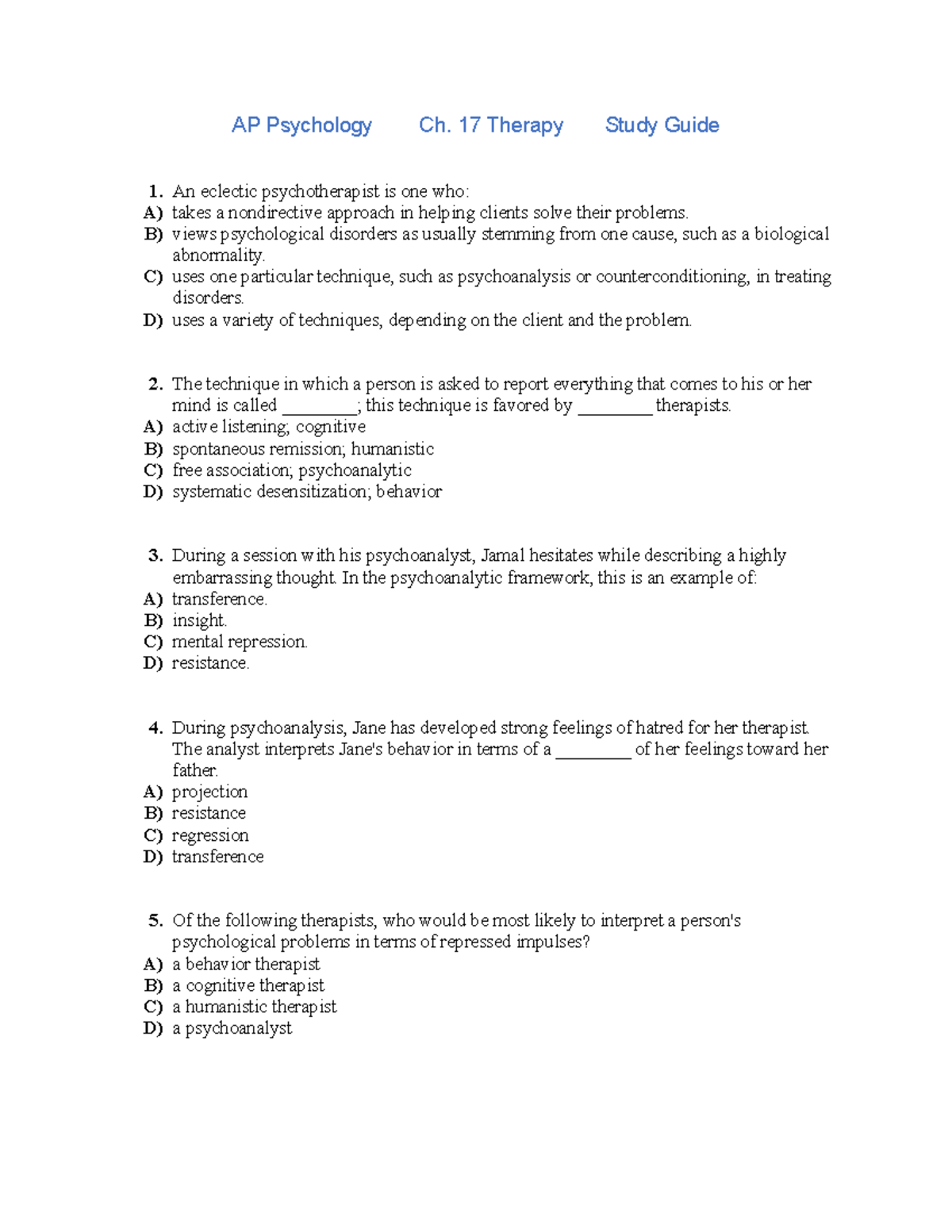 Ch17 Therapy - Management-Psychology - AP Psychology Ch. 17 Therapy ...