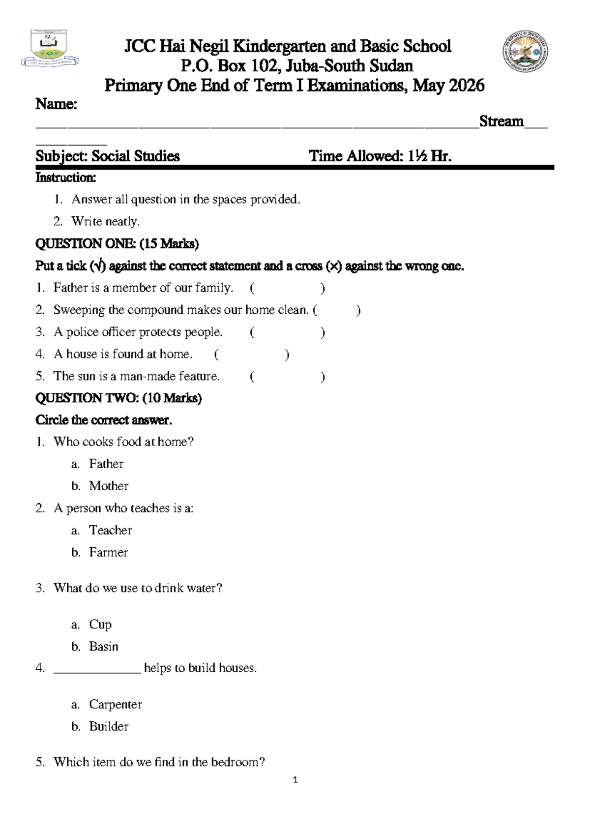 JCC Primary One End of Term I Exam: Social Studies, May 2026 - Studocu