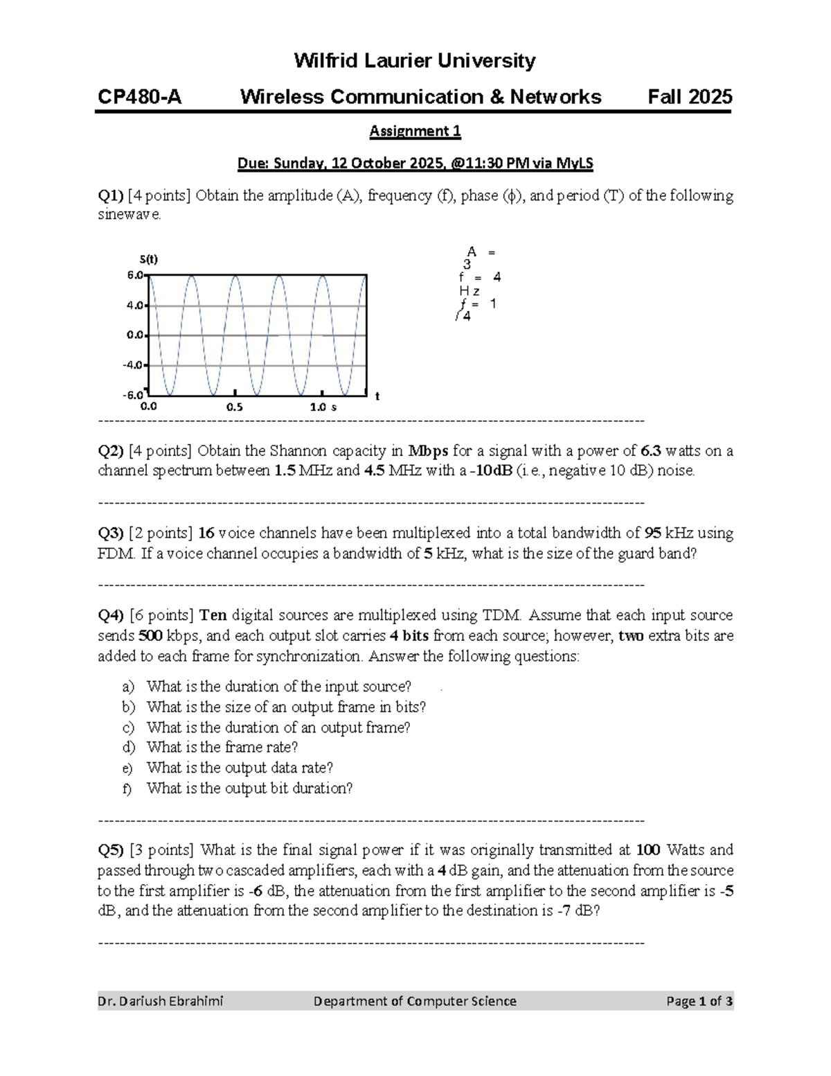 CP480 Wireless Communication Networks Fall 2025 Assignment 1 - Studocu