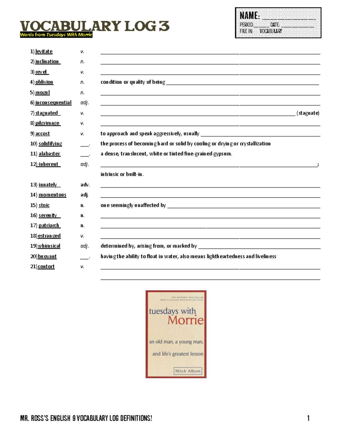 Vocabulary Log 3: Key Terms from Tuesdays With Morrie - Studocu