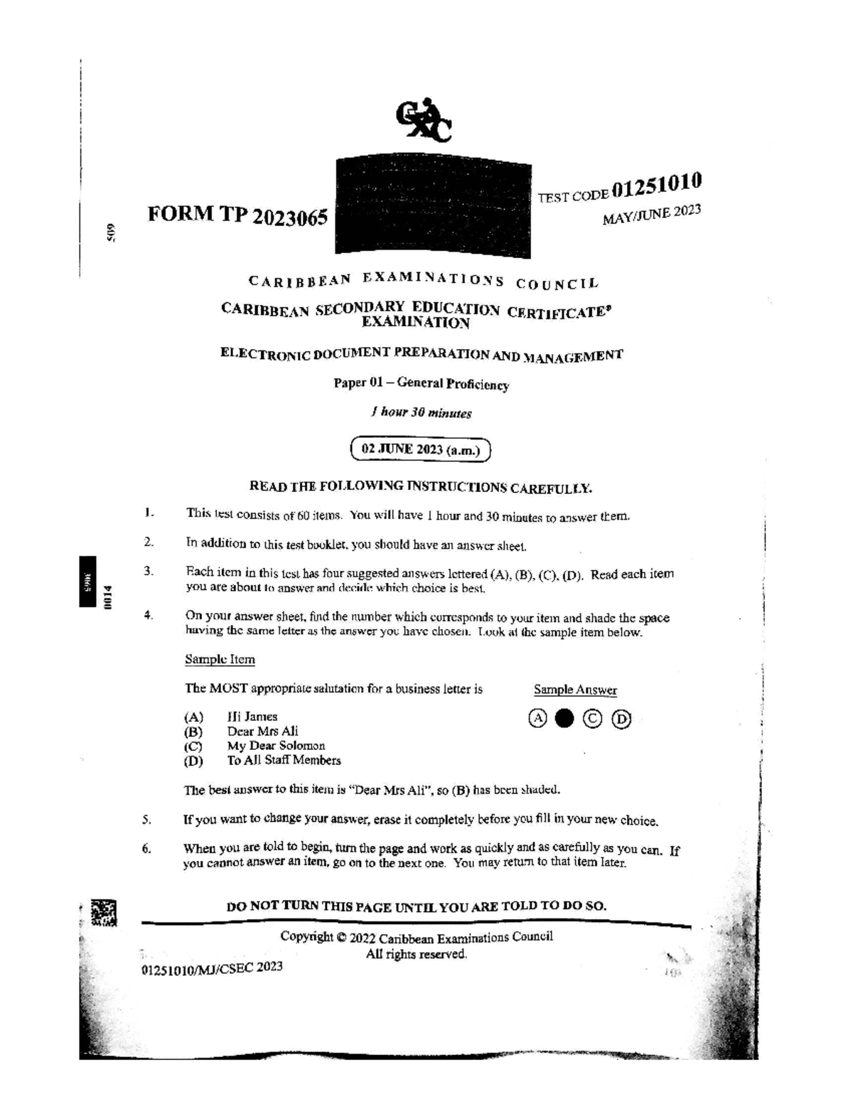 CSEC EDPM 2023 Final Exam Paper 01 - Past Paper Questions - Studocu