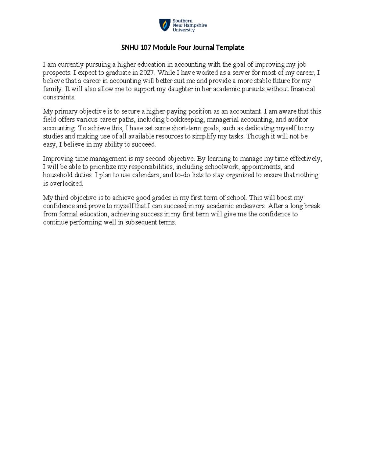 SNHU 107 Module Four Journal Template - I expect to graduate in 2027 ...