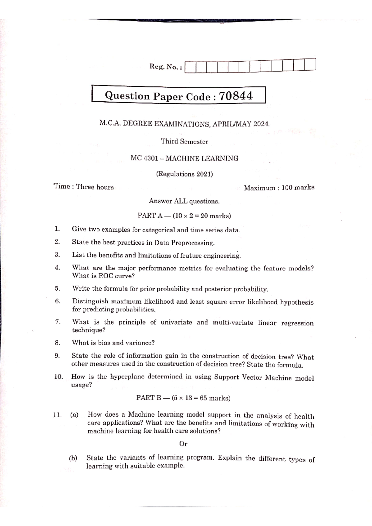 ML question paper - Reg. No. : Question Paper Code: 70844 M.C. DEGREE ...