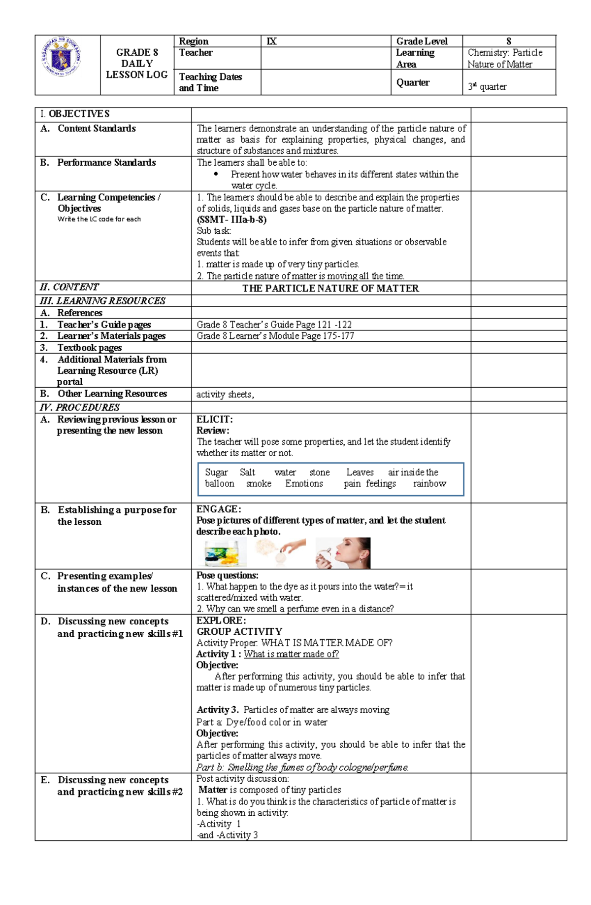 Grade 8 Chemistry Lesson: Particle Nature of Matter (Q3) Day 1 - Studocu