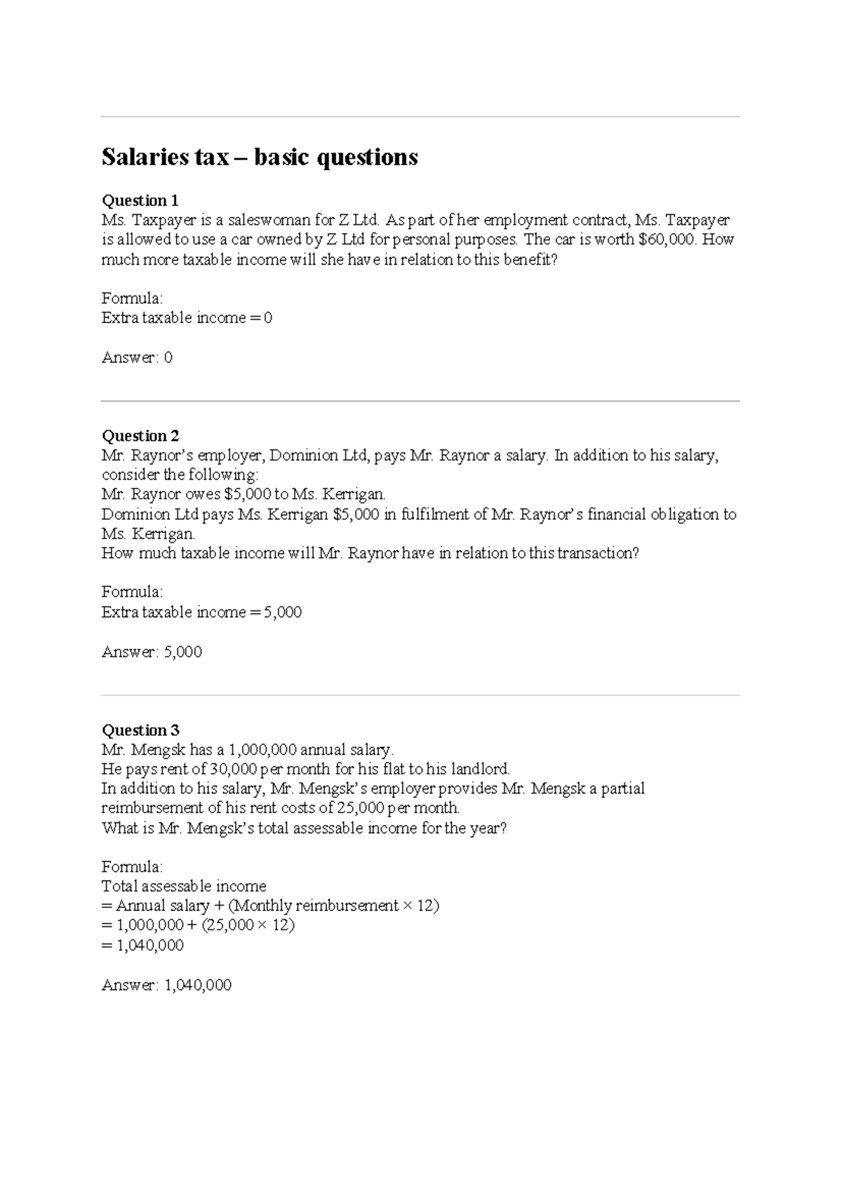 Salaries Tax Basic Questions & Deductions - Taxation Study Guide - Studocu