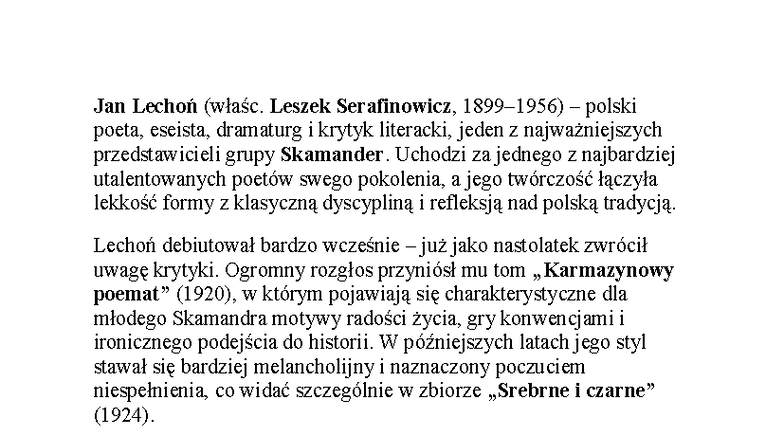 Jan Lechoń - Notatki o Polskim Poecie i Jego Twórczości - Studocu