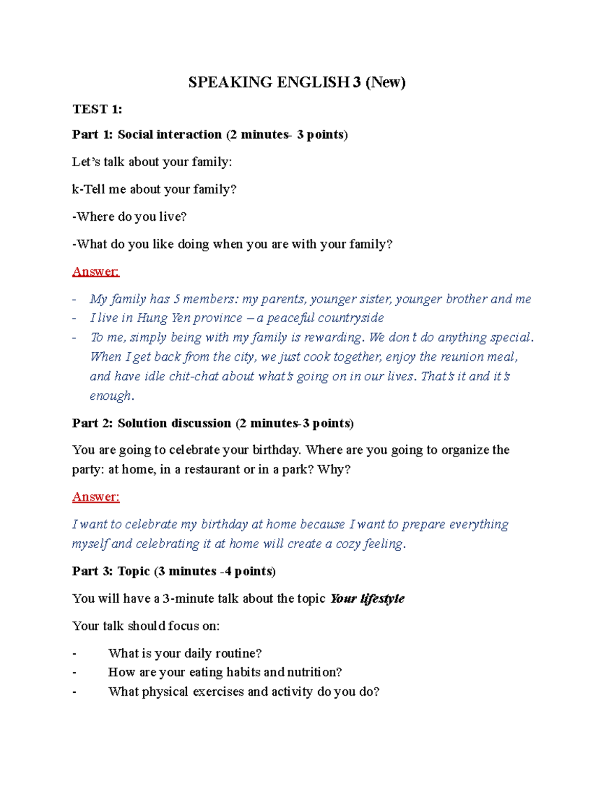 Speaking E 3 (New) - SPEAKING ENGLISH 3 (New) TEST 1: Part 1: Social ...
