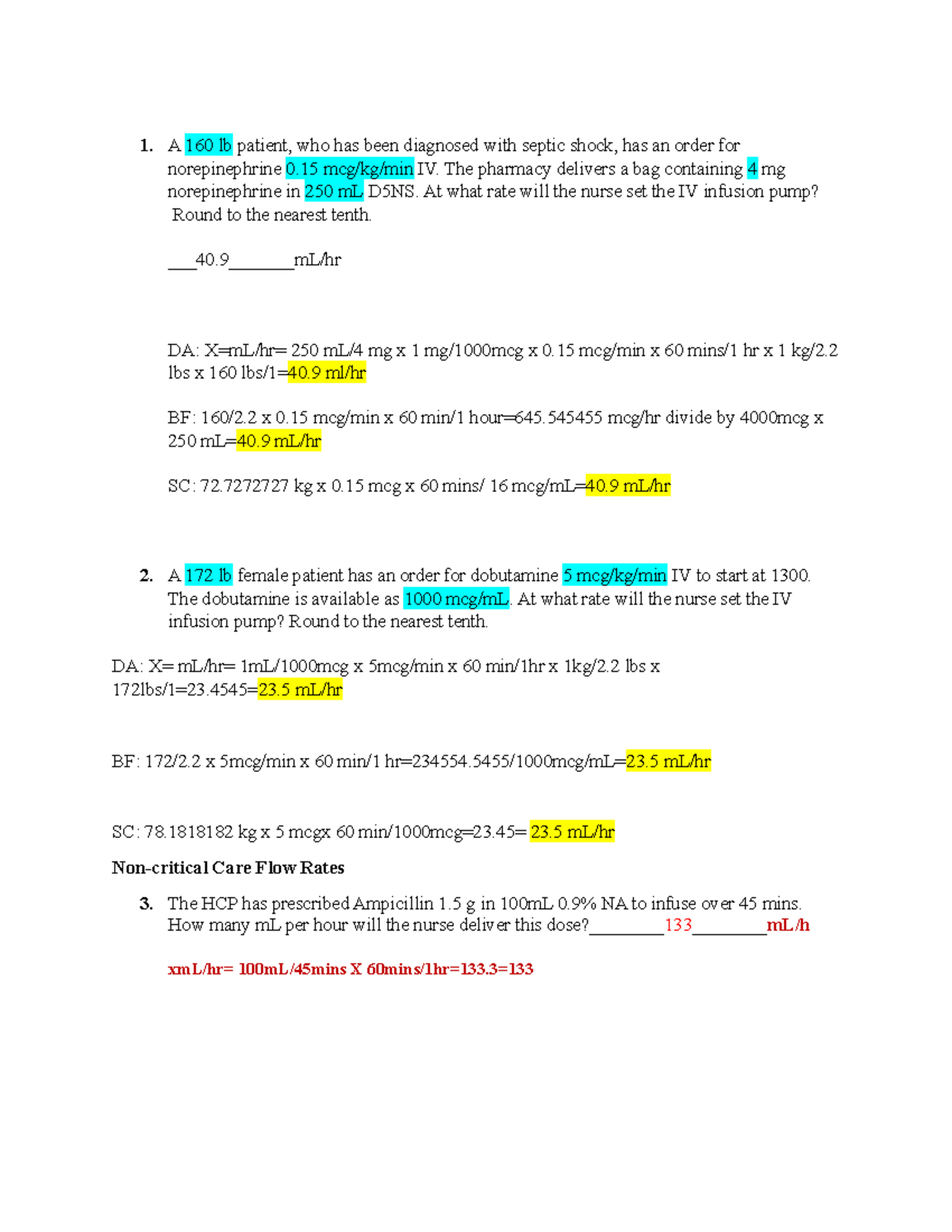 Math 10 - Med Surg II Critical Care IV Dosage Calculation Practice Q&As ...