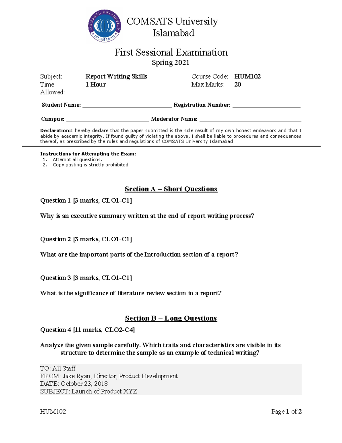 RWS Sessional I - Report Writing Skills HUM102 - COMSATS University ...