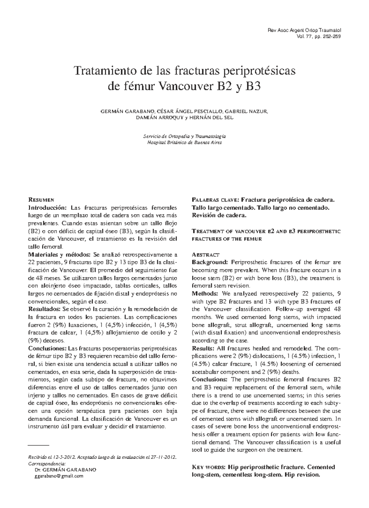 Tratamiento de Fracturas Periprotésicas de Fémur Vancouver B2 y B3 ...