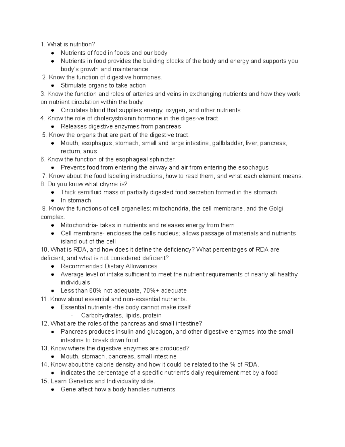 Nutrition and Digestive System Overview - Study Notes for Exam 1 - Studocu