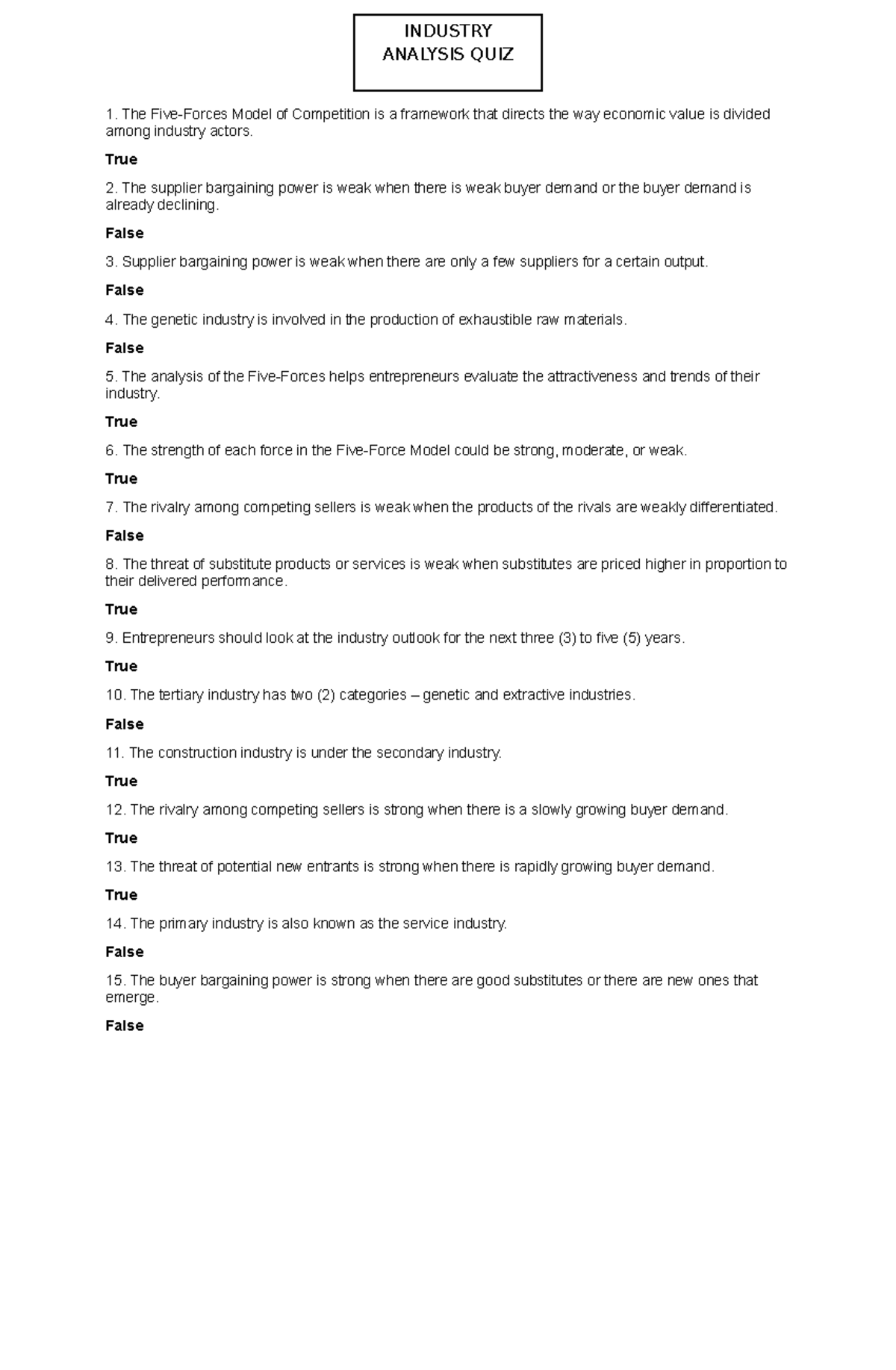 INDUSTRY ANALYSIS QUIZ 1 REVIEWER - Studocu