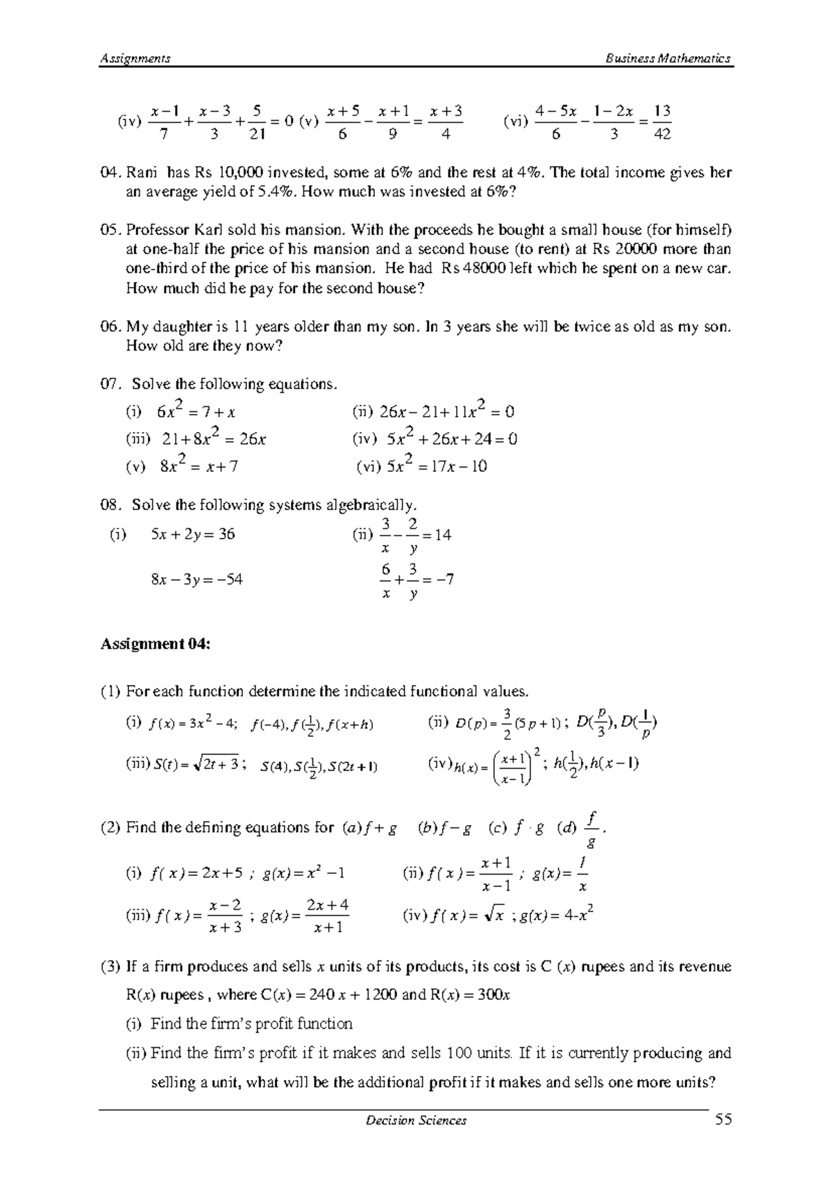 Business Mathematics Assignment 5: Equations, Functions, and Profit ...