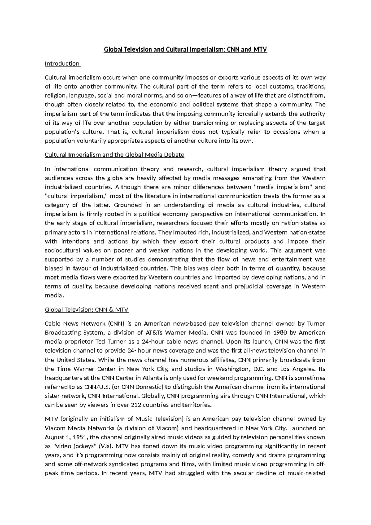 Cultural Imperialism in Global Media: CNN & MTV Analysis - Studocu