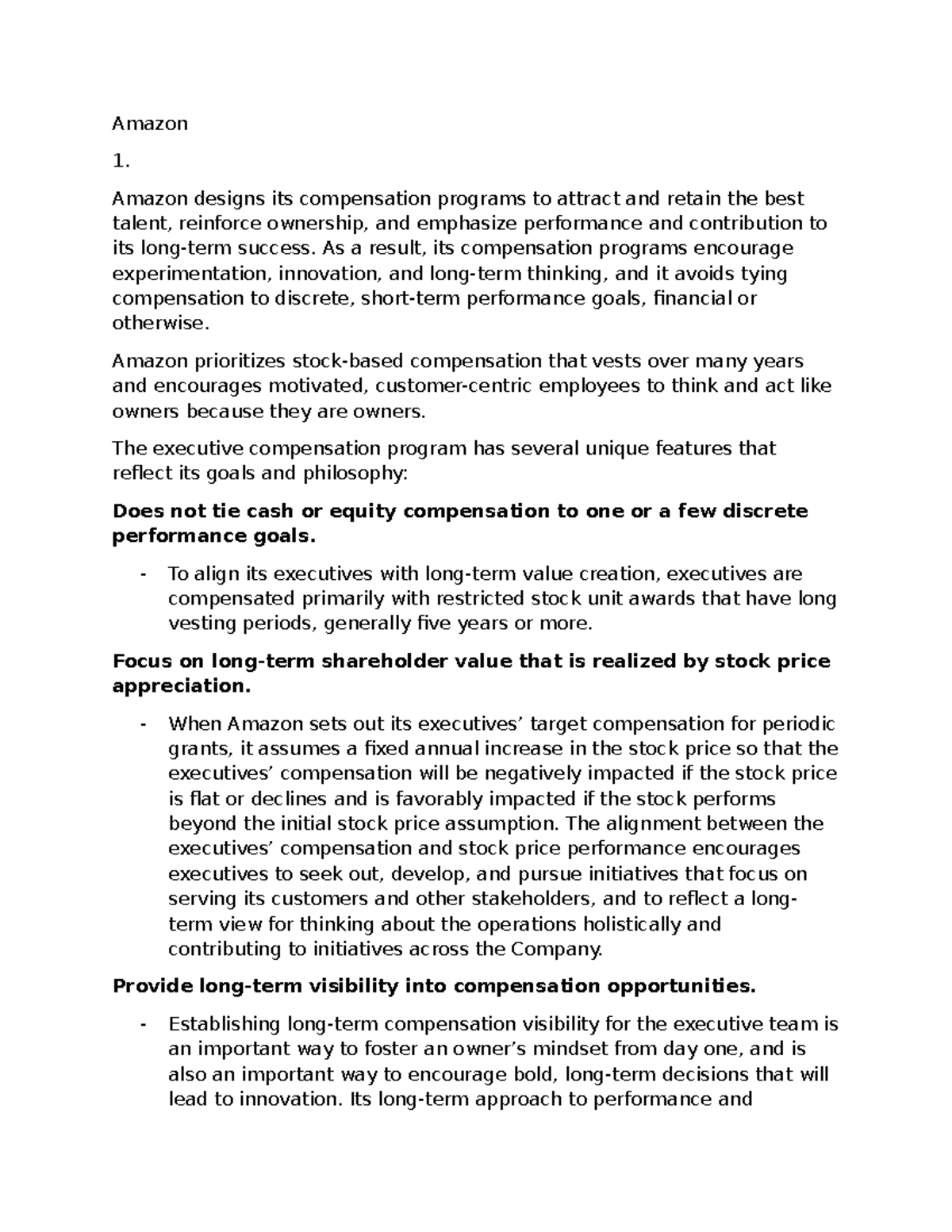 Amazon Executive Compensation Strategy - Discussion Notes - Studocu