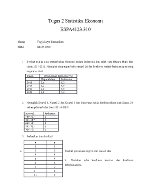 Tugas 2 (14) - TUGAS 2 STATISTIKA EKONOMI PROGRAM STUDI EKONOMI PEMBANGUNAN Nama Mata Kuliah ...