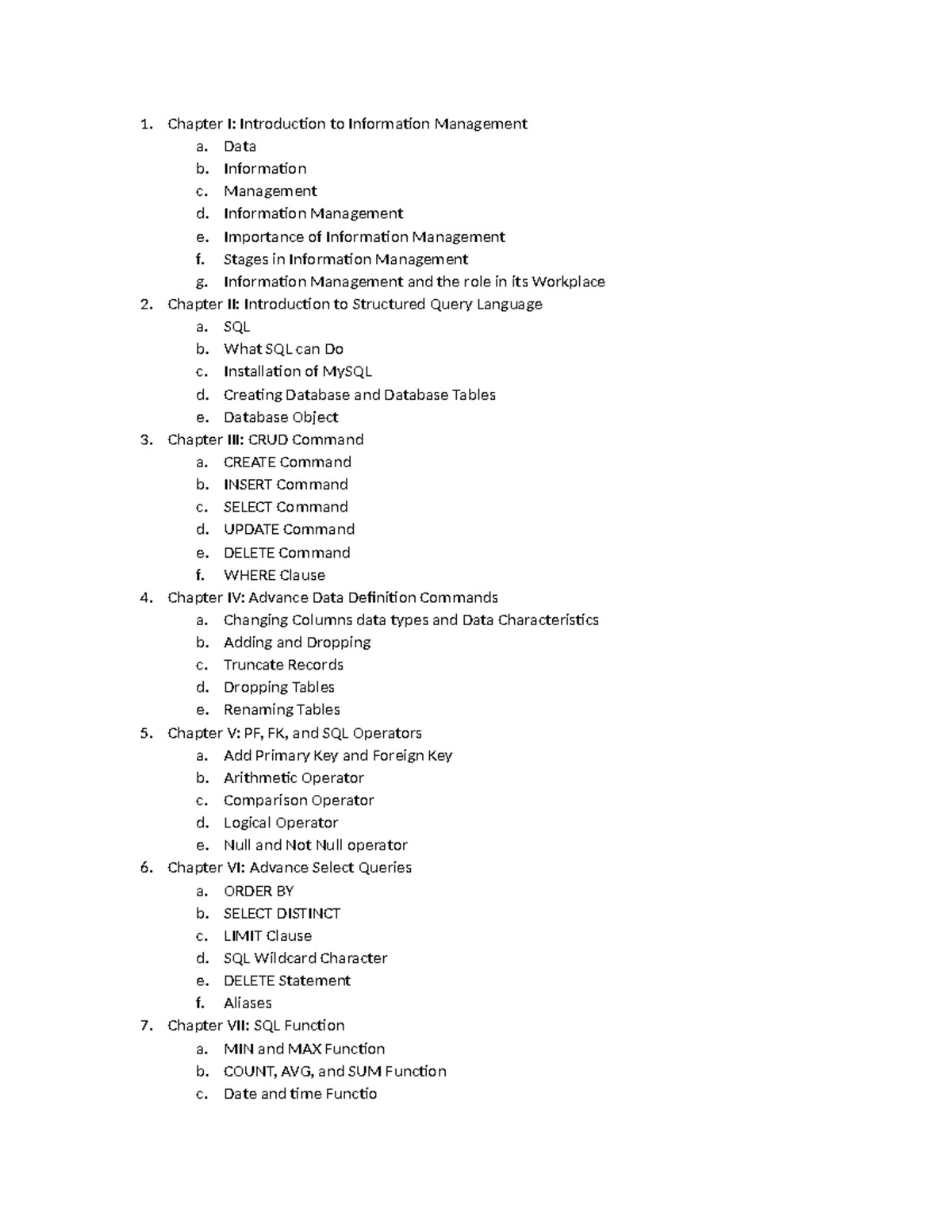 Course Outline - Chapter I: Introduction to Information Management a ...