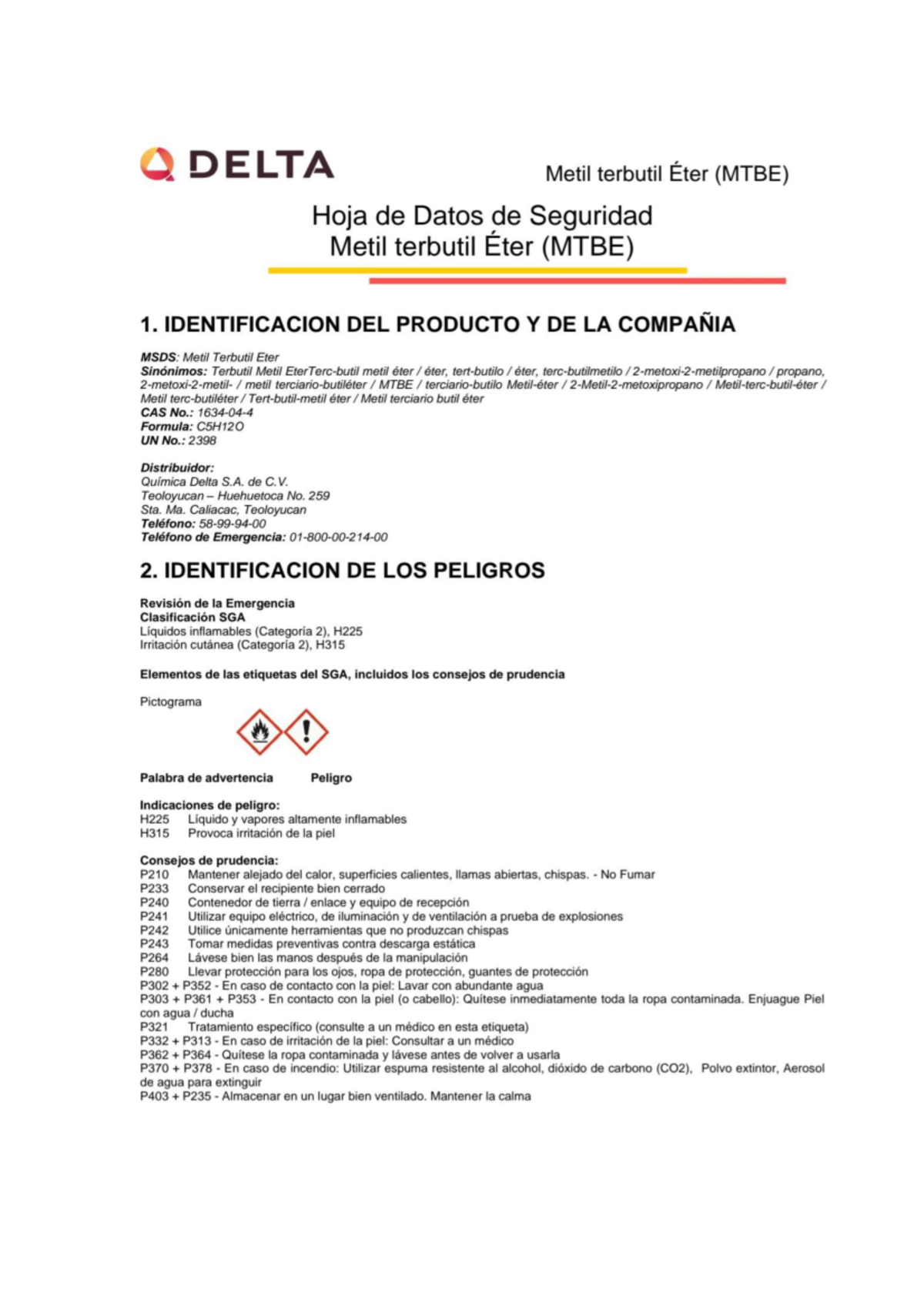 Hoja de Datos de Seguridad (MSDS) para Metil Terbutil Éter (MTBE) - Studocu