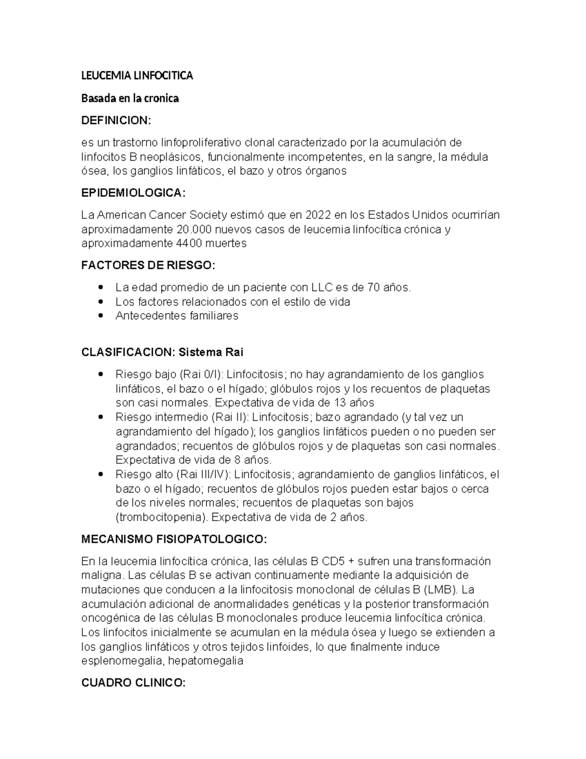 Leucemia Linfocítica: Definición, Clasificación y Tratamiento - Studocu