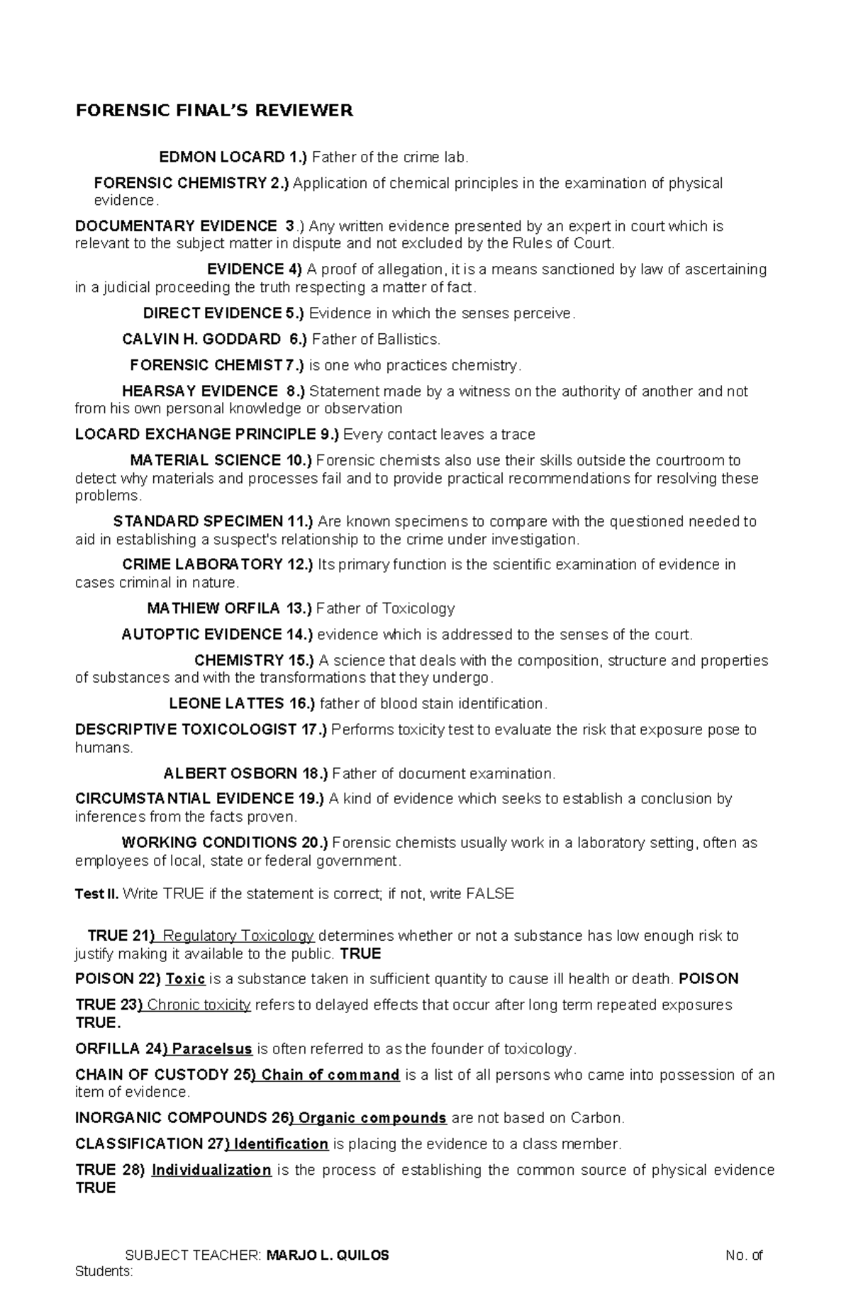 FORE3 - Forensic Chemistry Finals Reviewer: Key Concepts & Evidence ...