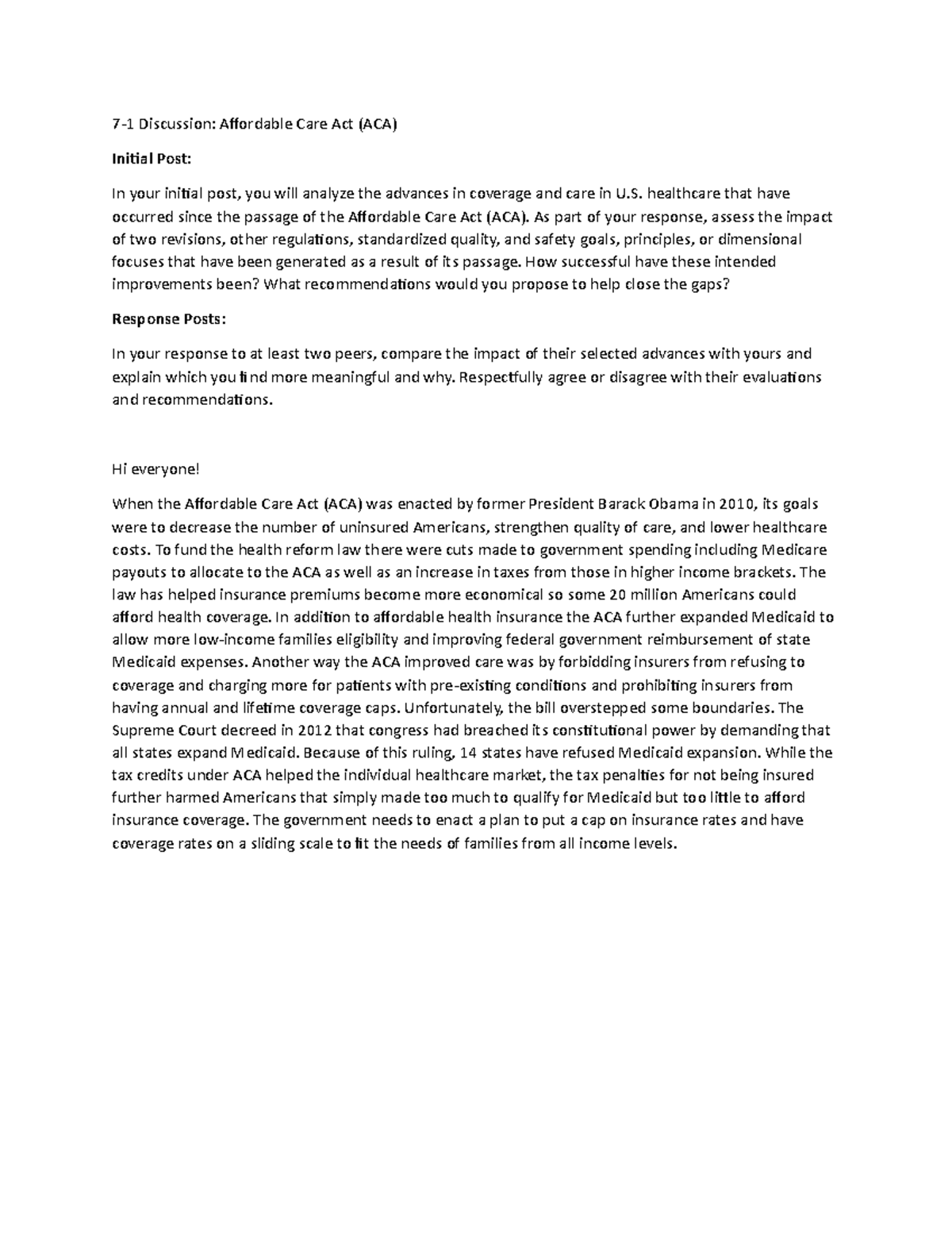 7-1 Discussion on ACA: Coverage Advancements & Recommendations - Studocu