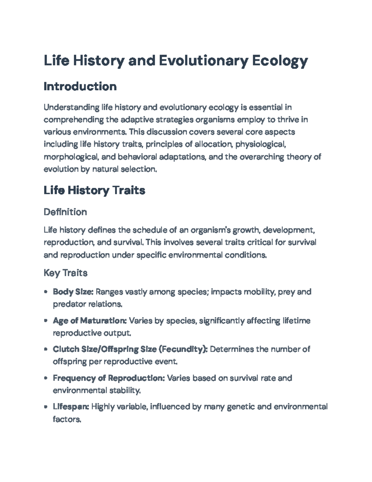 BIO101 Life History & Evolutionary Ecology Overview: Key Concepts - Studocu