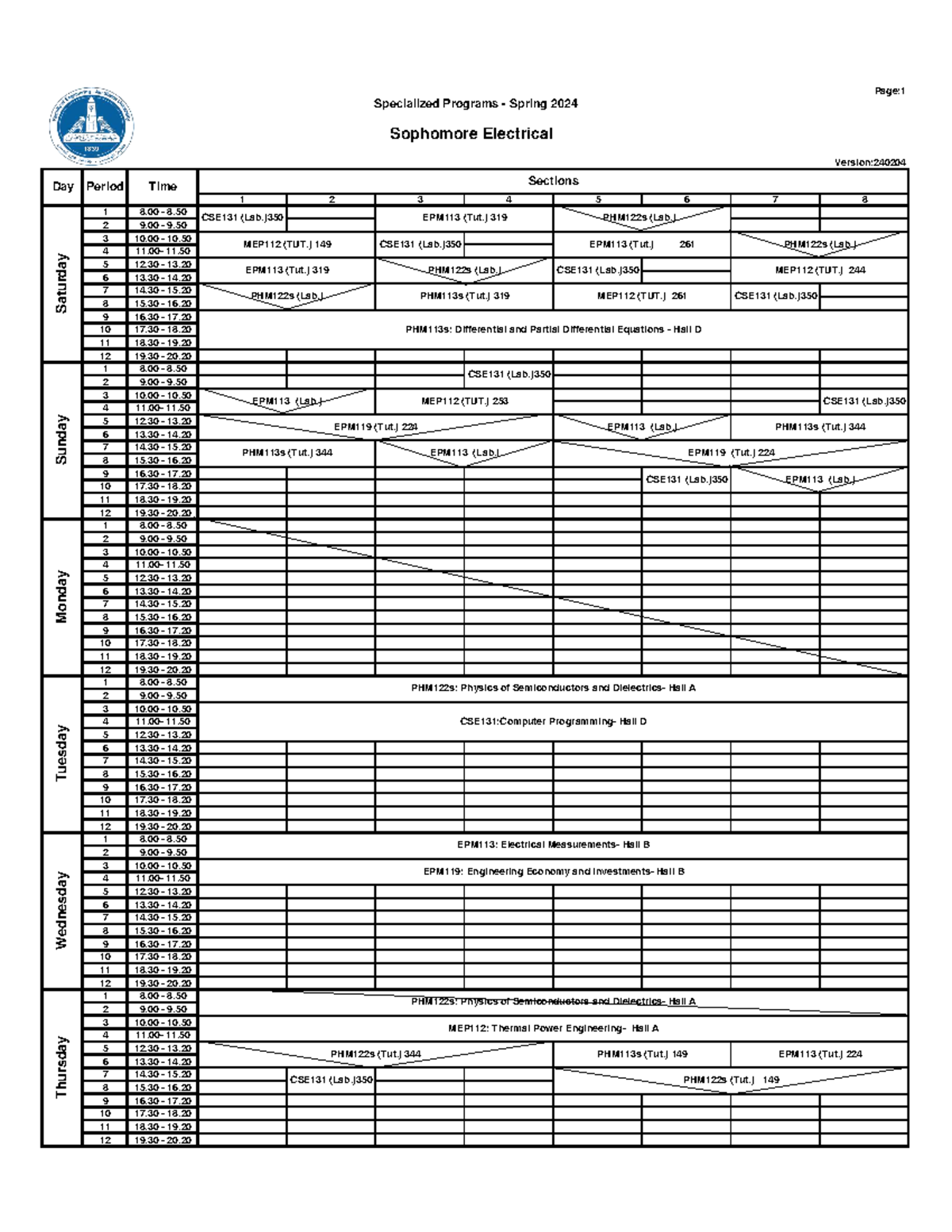 Specialized Programs Timetable Spring 2024 - Electrical Engineering - Studocu
