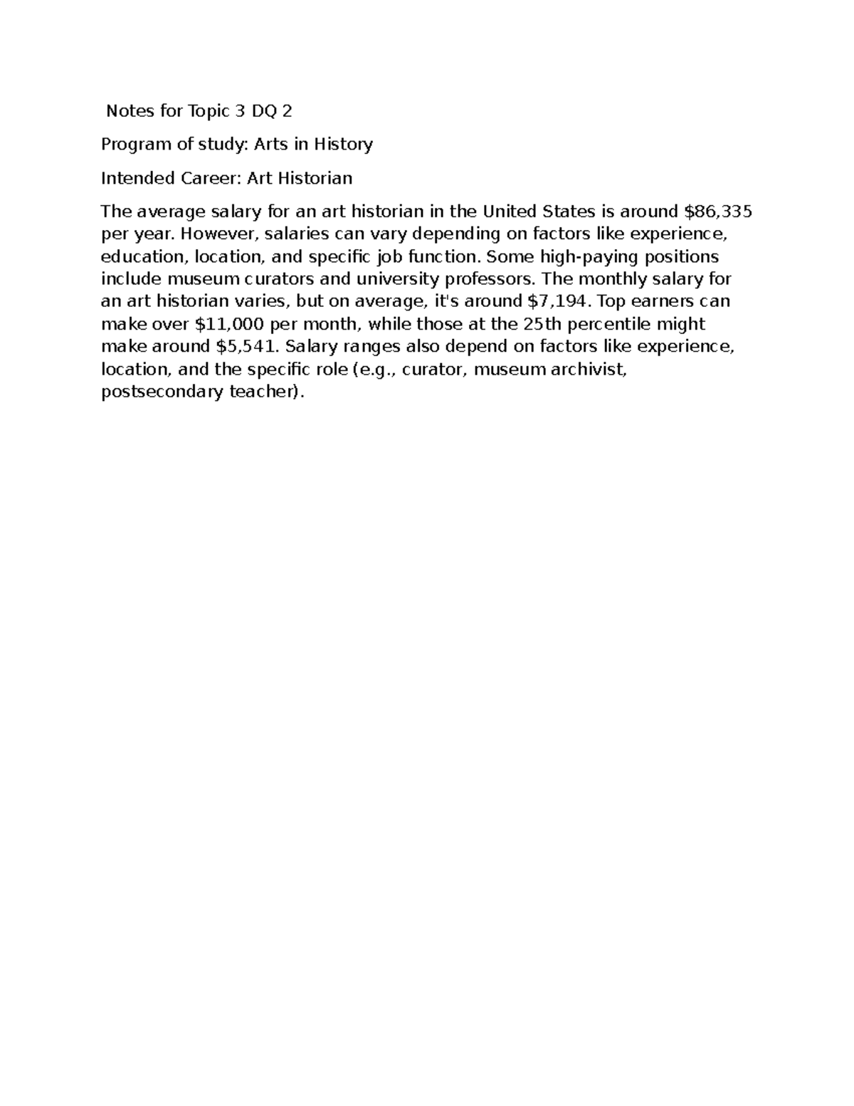 Math 144: Topic 3 DQ 2 Notes on Art Historian Salaries - Studocu