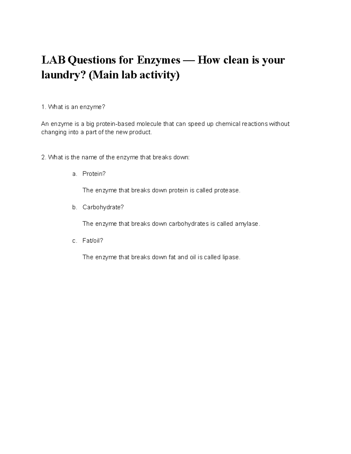 LAB 2.4.3 Questions on Enzymes: How Clean is Your Laundry? - Studocu