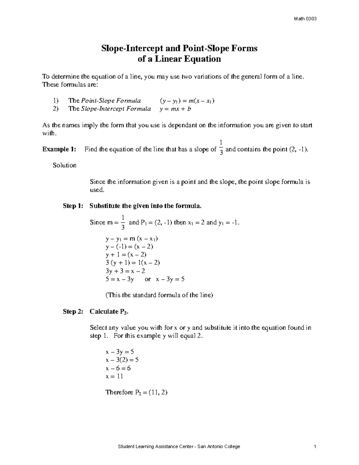 Math0303 equations of a line - Slope-Intercept and Point-Slope Forms of ...