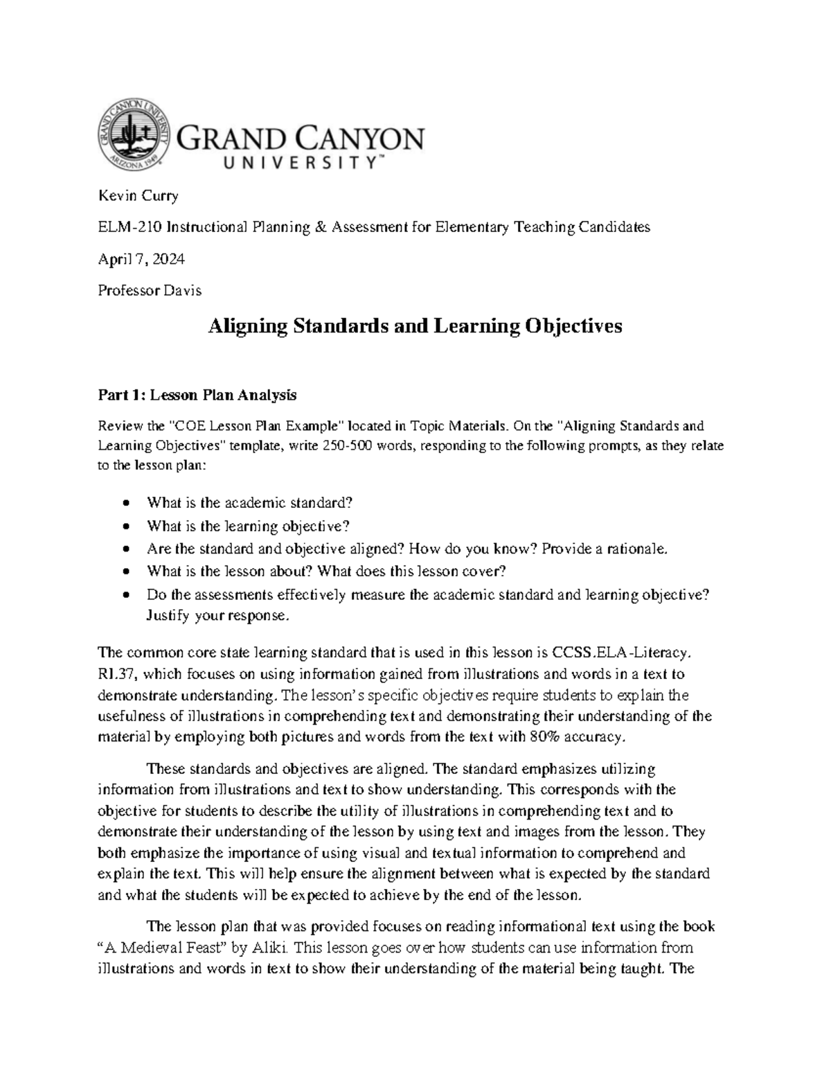 GCU-ELM 210 Lesson Plan Analysis: Aligning Standards & Objectives - Studocu