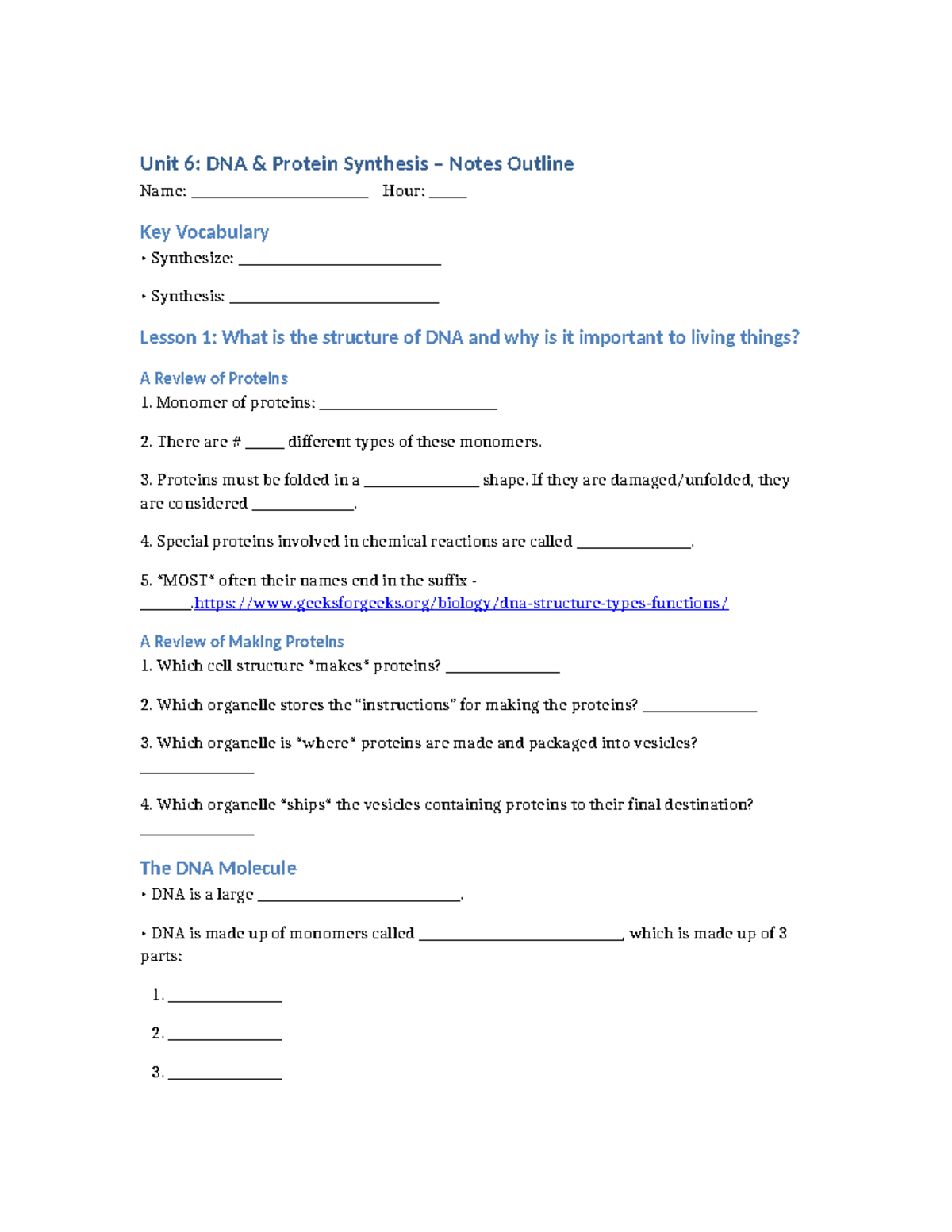 Unit 6: DNA & Protein Synthesis Notes Outline - Studocu