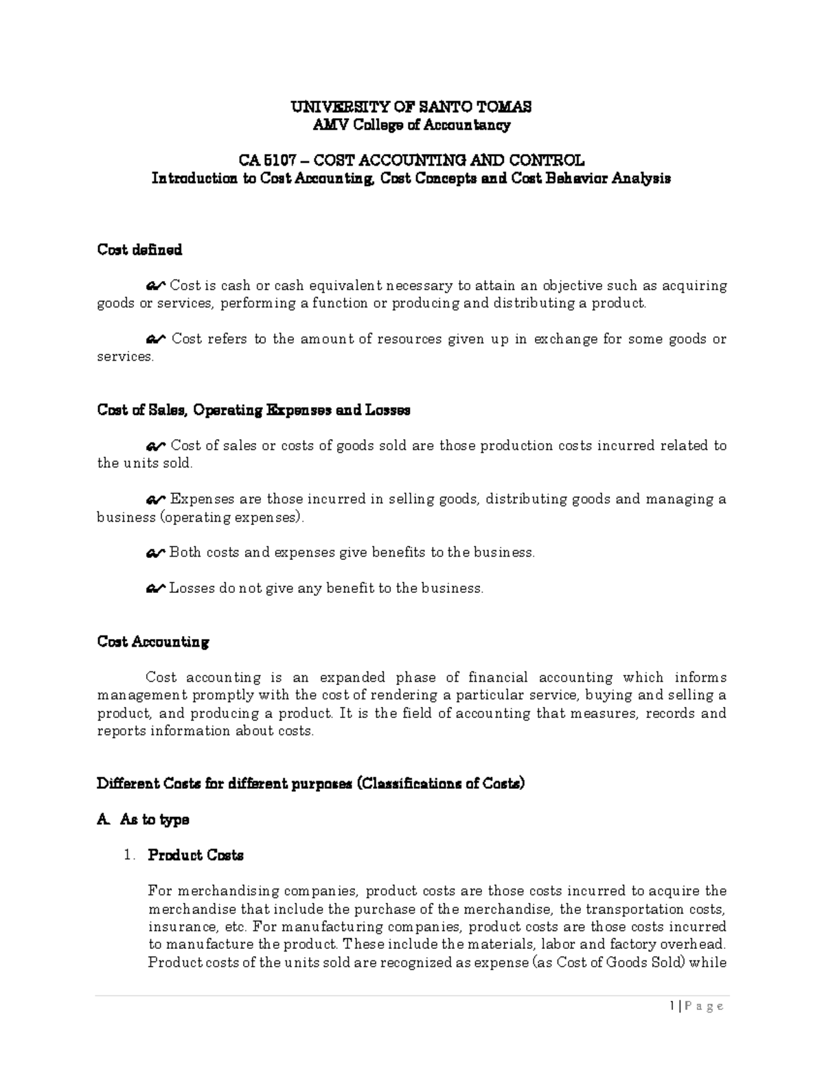 CA 5107 Cost Accounting: Concepts & Behavior Analysis Notes - Studocu