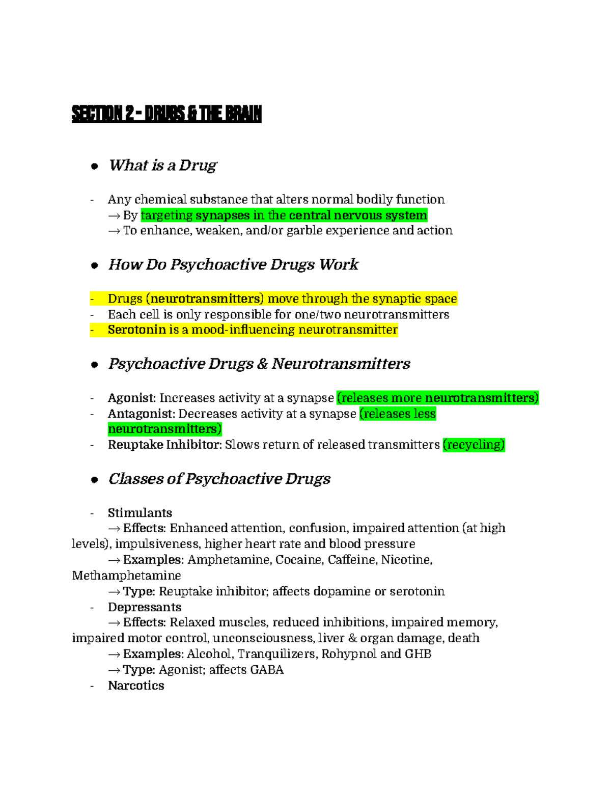 PSYCH 25 Section Notes: Psychoactive Drugs & Somatosensation Overview ...