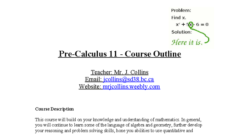 Pre-Calculus 11 Course Outline: Key Topics & Skills Overview - Studocu
