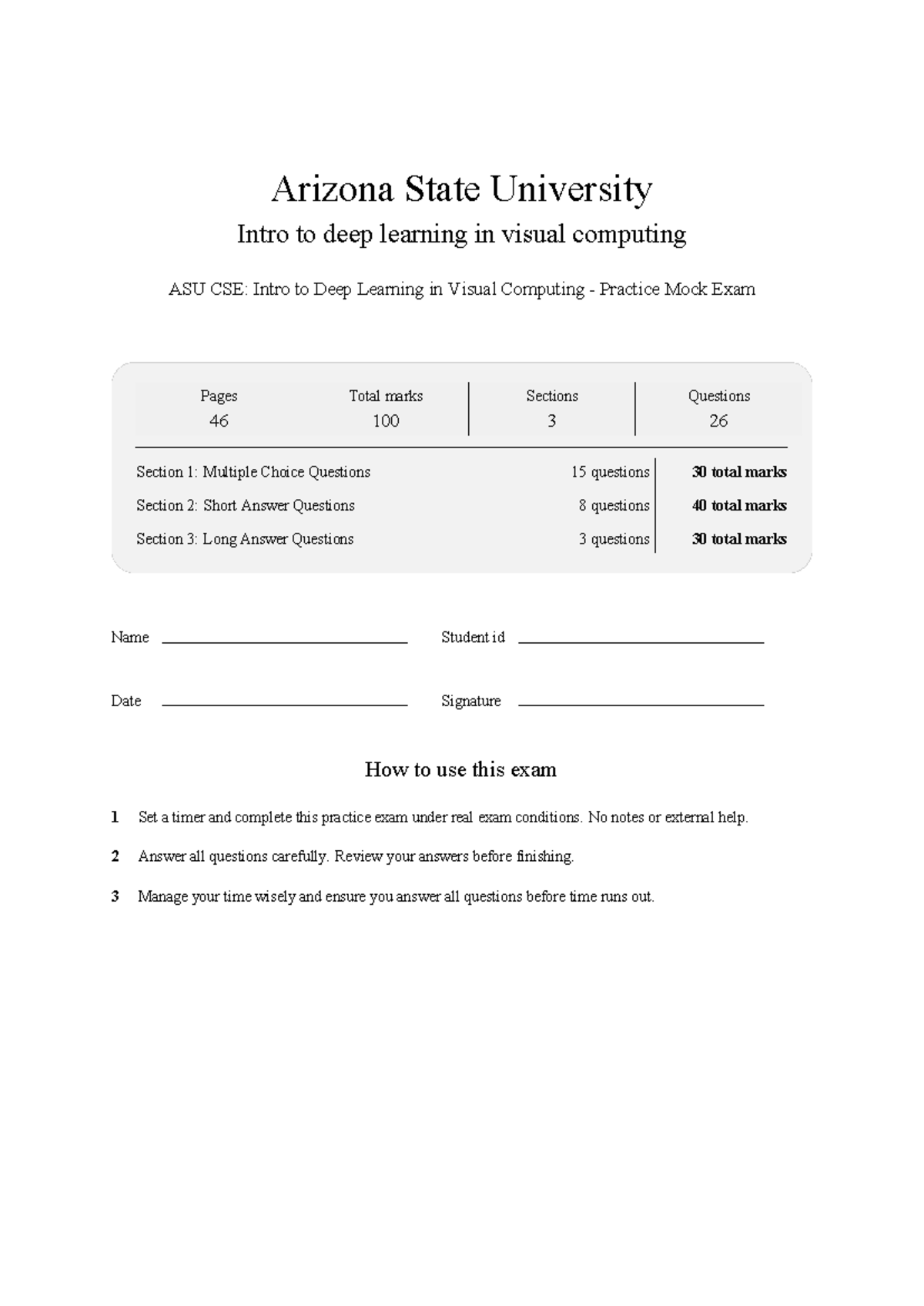 CSE 598 Practice Mock Exam for Intro to Deep Learning in Visual ...