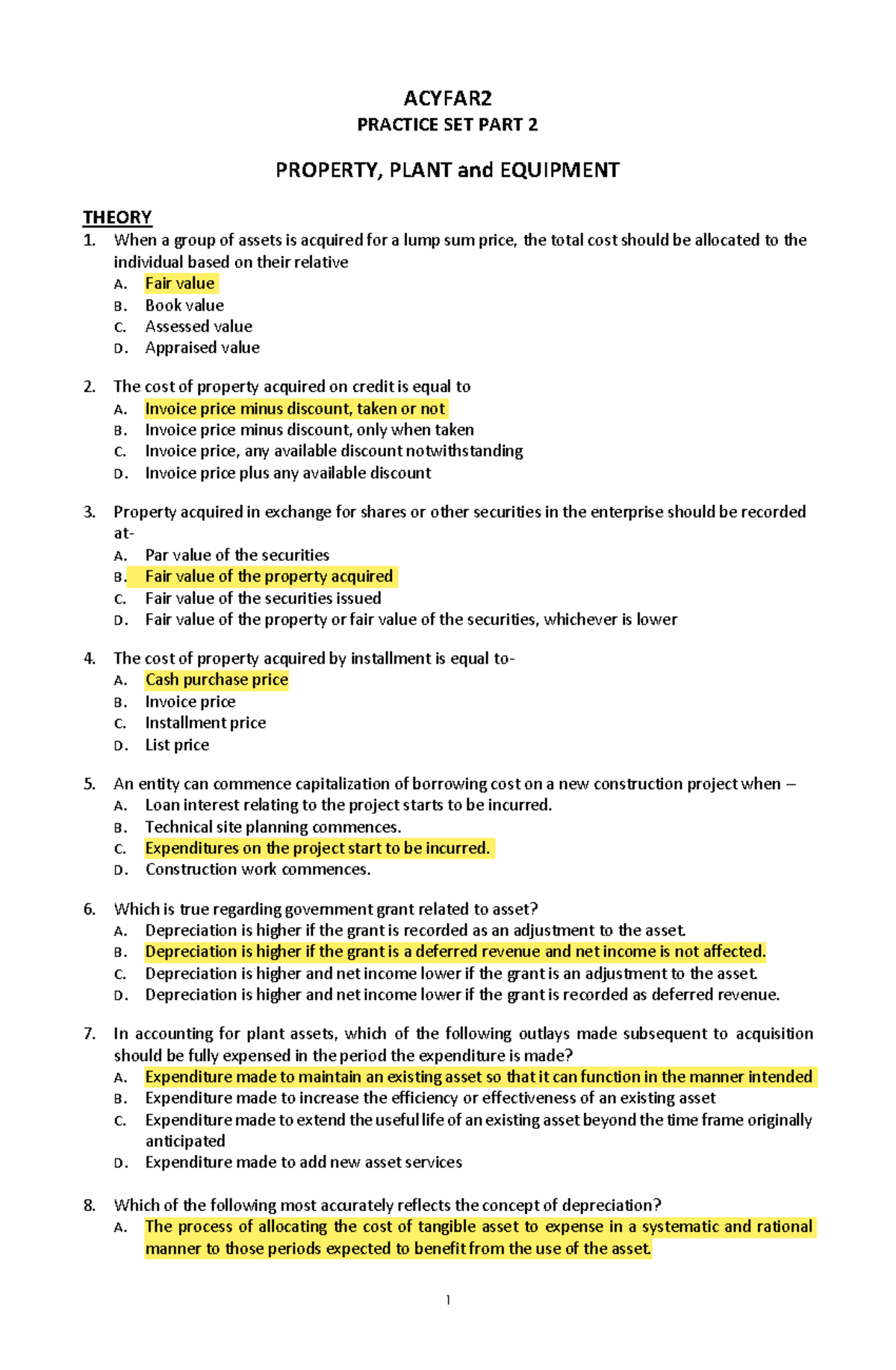 Practice Set - ACYFAR2: Property, Plant, and Equipment Analysis - Studocu