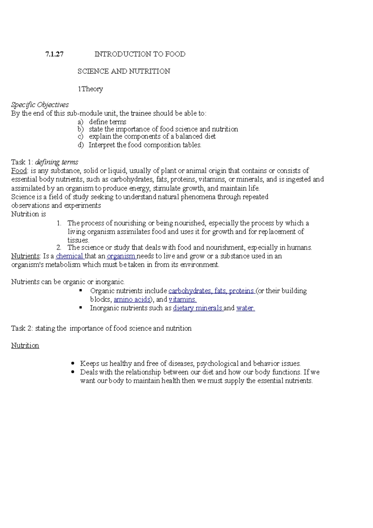 Lecture notes on introduction to nutrition and dietetics - INTRODUCTION ...