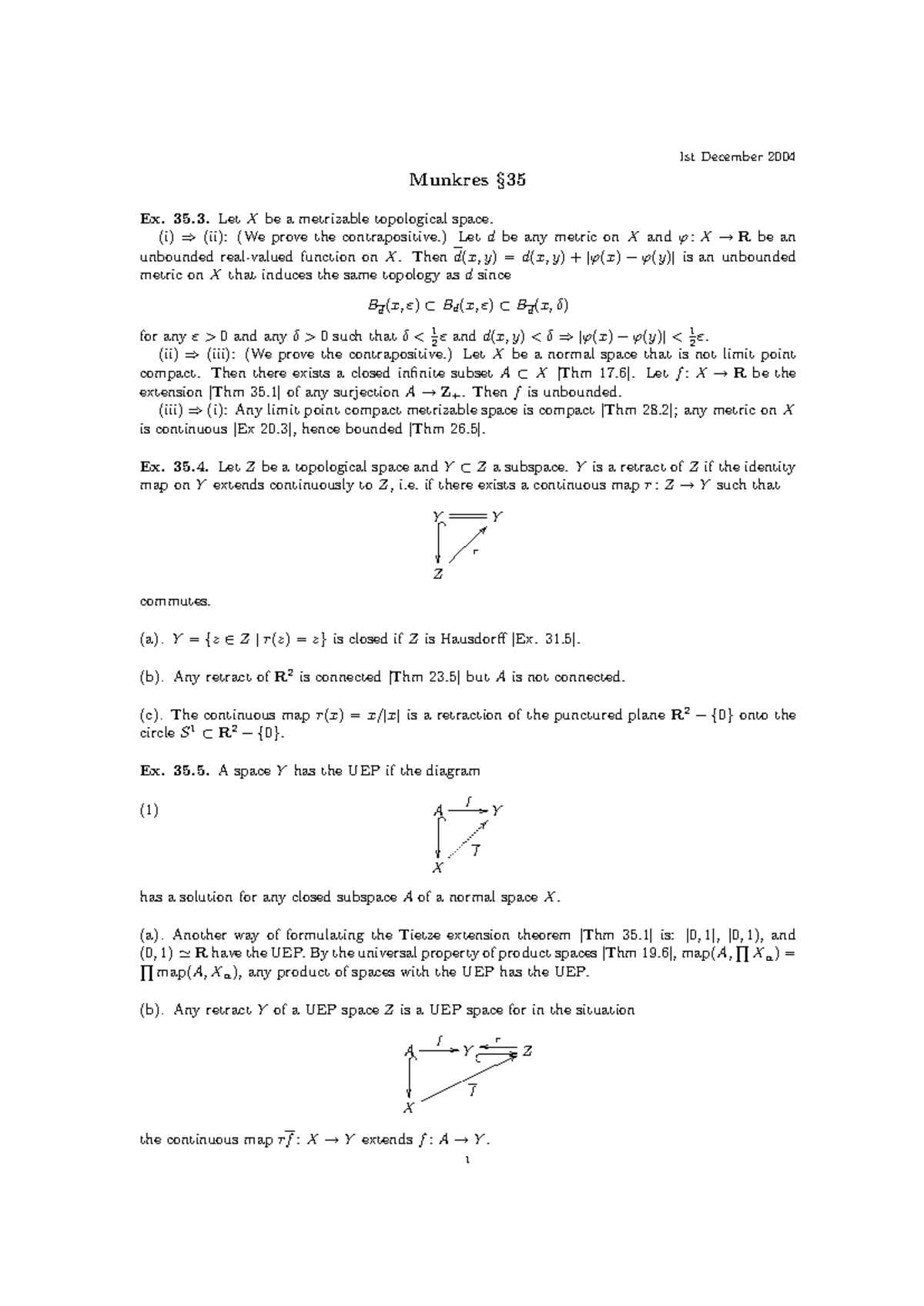 S35 - Munkres Ex. 35.3 Solutions on Metrizable Spaces - Studocu