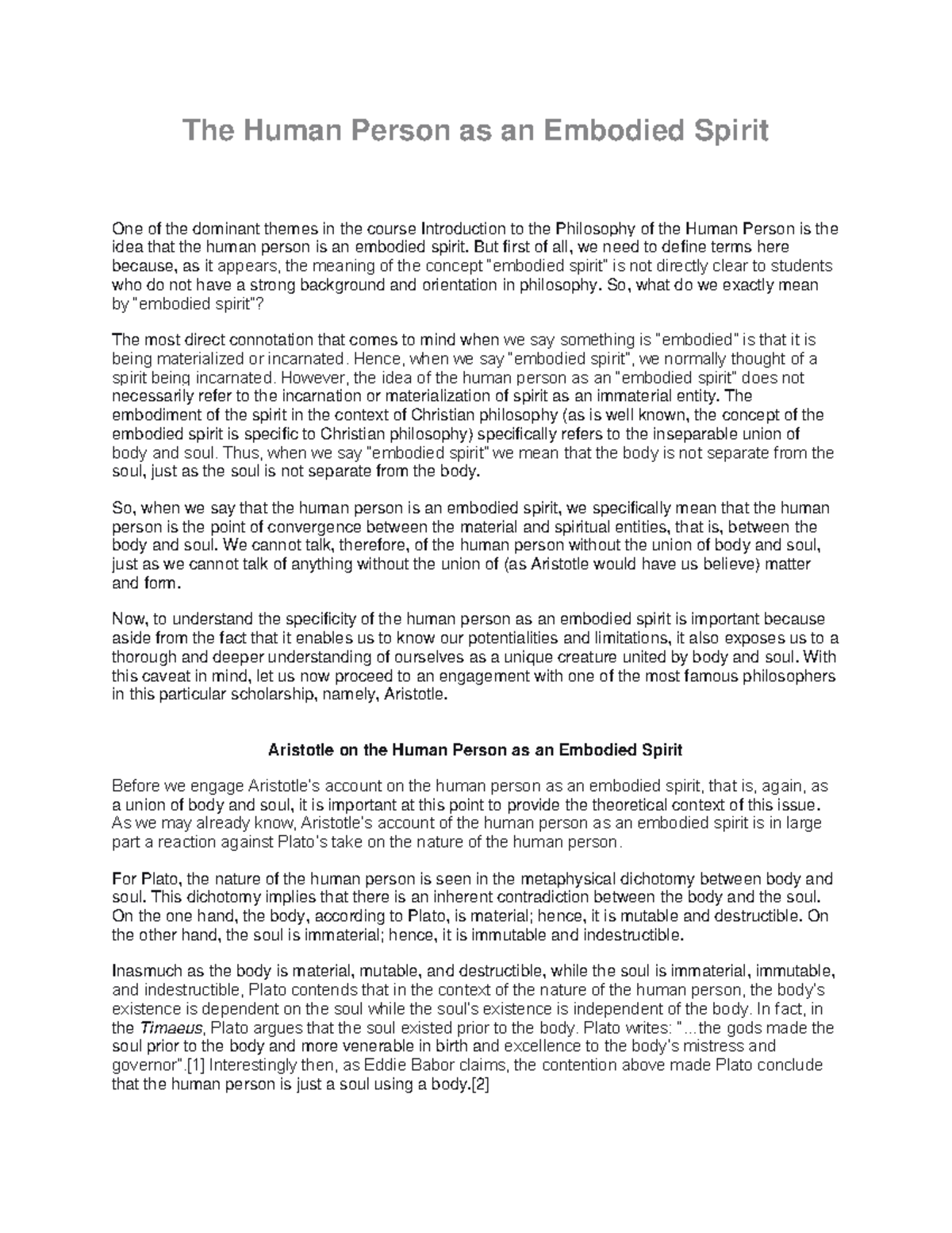 Human Person as an Embodied Spirit: PHIL 101 Lecture Notes - Studocu