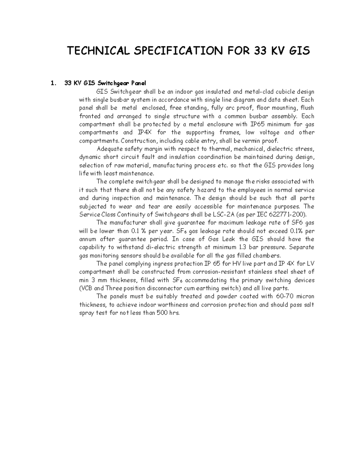 33KV GIS Switchgear Panel Technical Specifications - Studocu