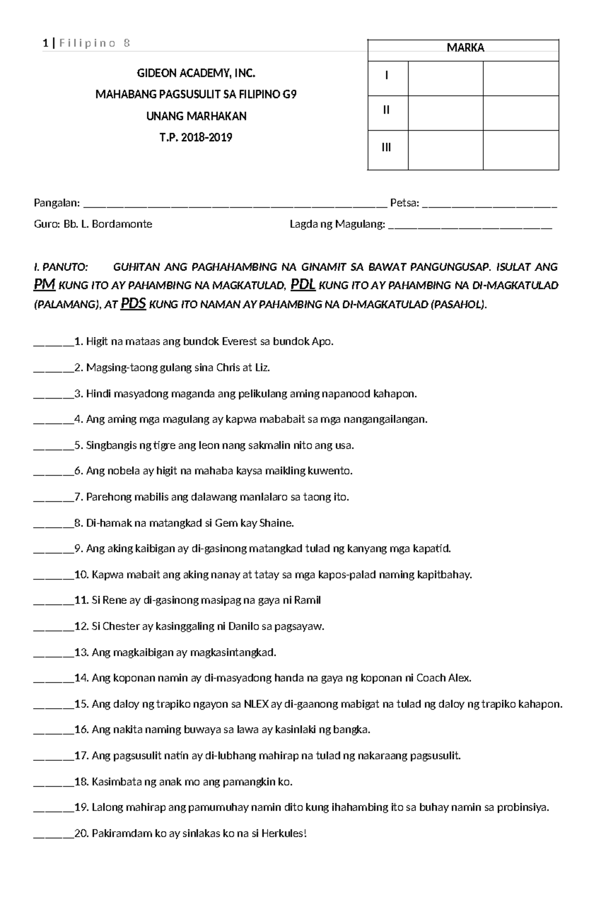 Mahabang Pagsusulit sa Filipino G: Unang Marhakan T.P. 2018 - Studocu