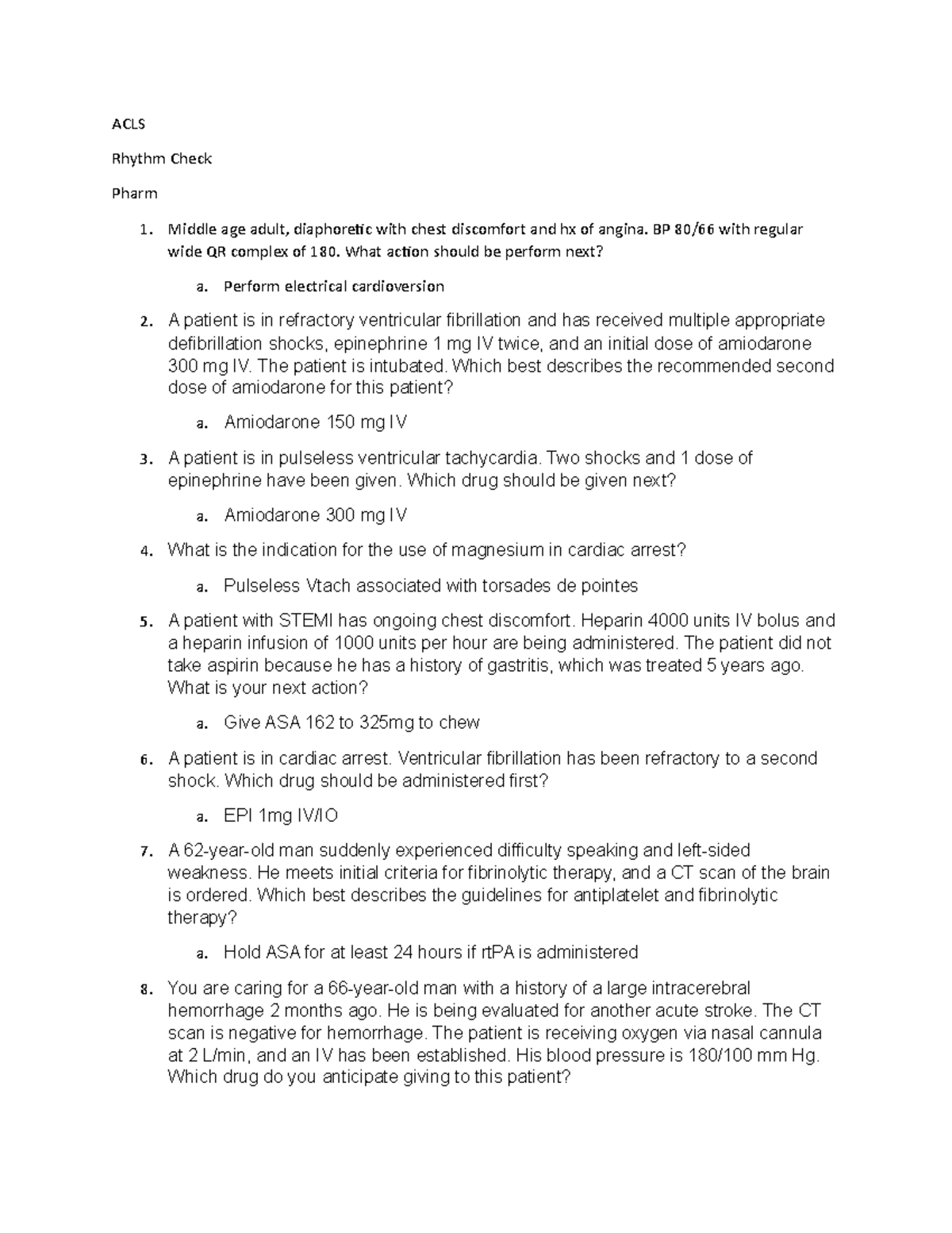 ACLS - course work - ACLS Rhythm Check Pharm 1. Middle age adult ...